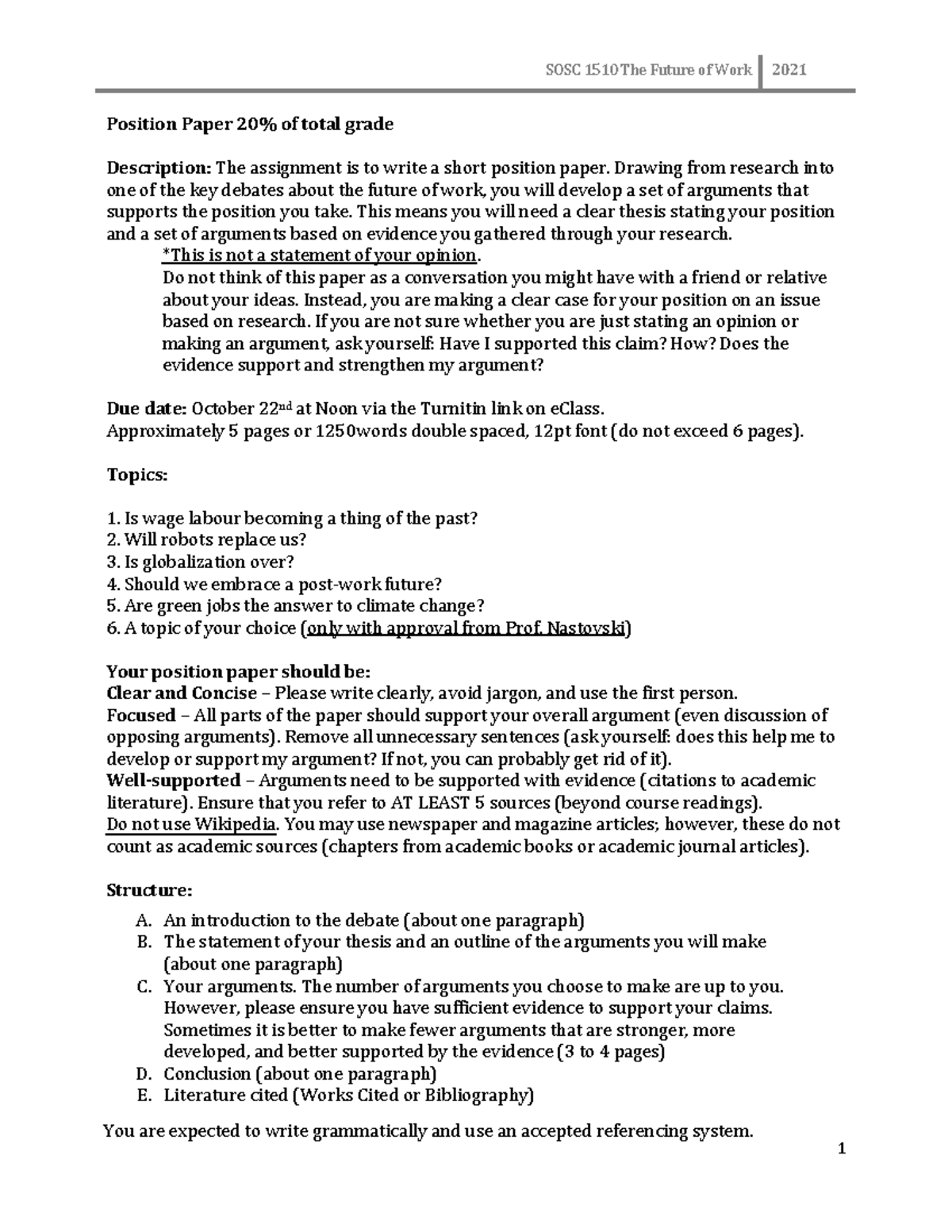 Position Paper Instructions 2021 SOSC 1510 - SOSC 1510 The Future of ...