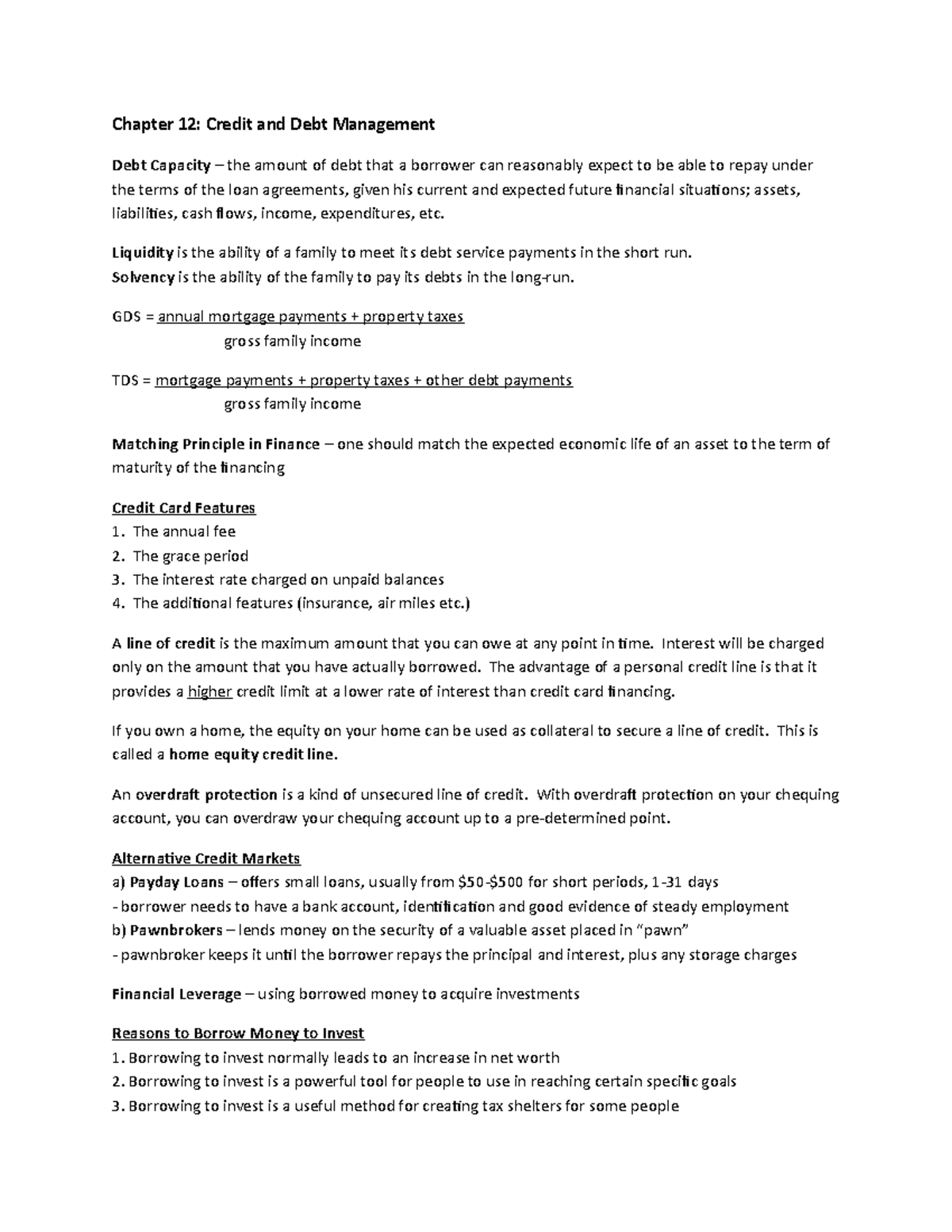 Chapter 12 - Lesson Notes - Chapter 12: Credit and Debt Management Debt ...
