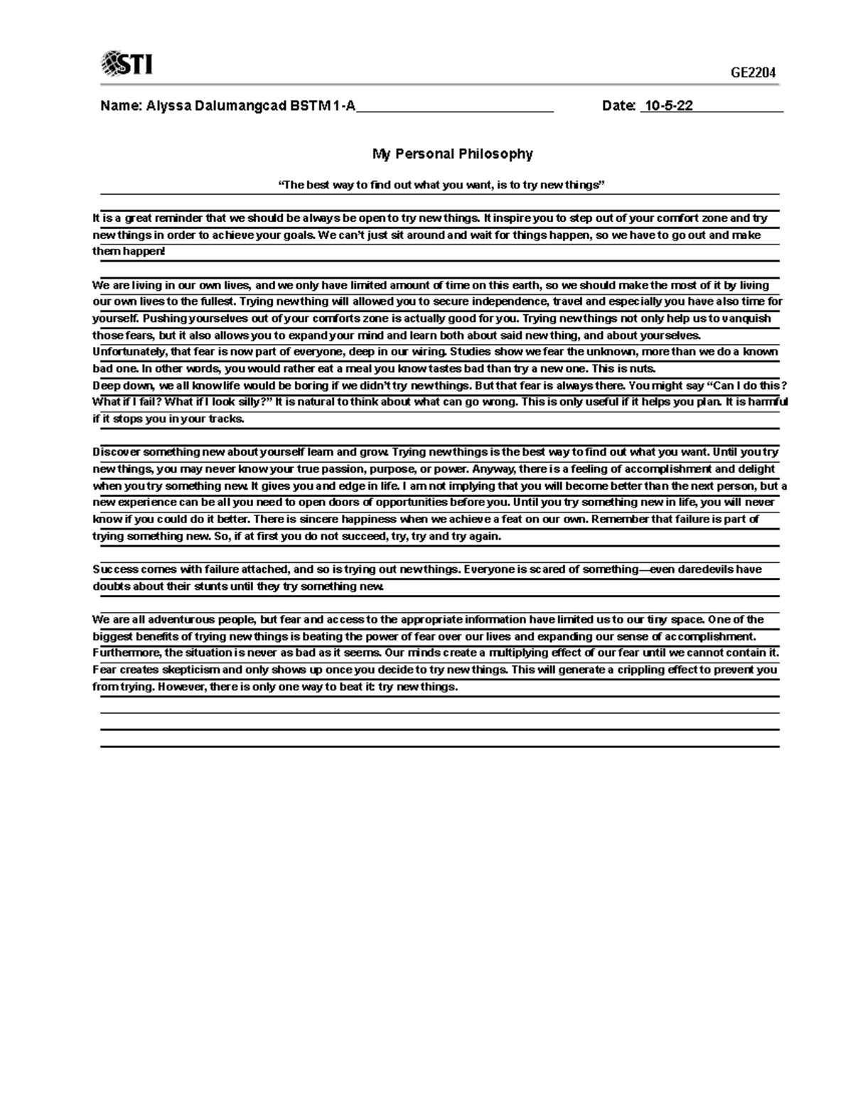 01 Worksheet 3 ajd - hii - GE Name: Alyssa Dalumangcad BSTM 1-A Date ...