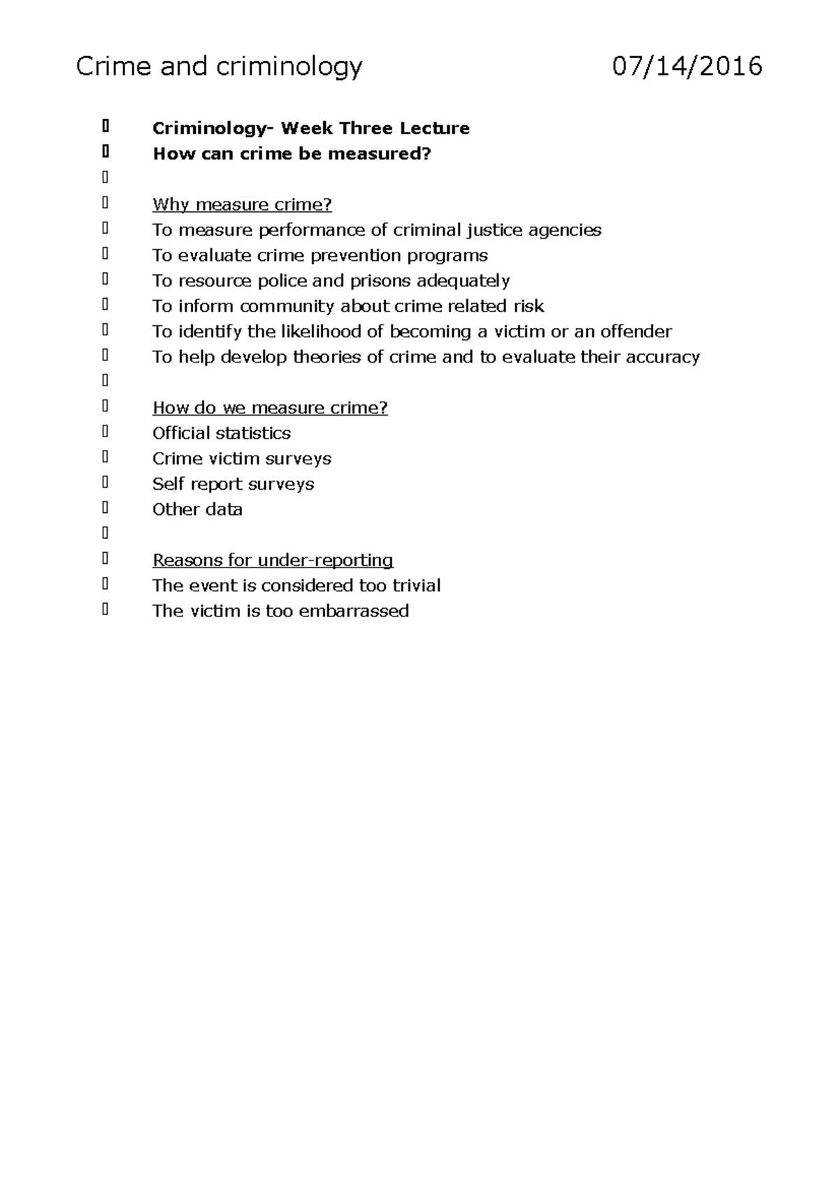Lecture notes, lectures 1-10 - Crime and criminology Week Three Lecture ...