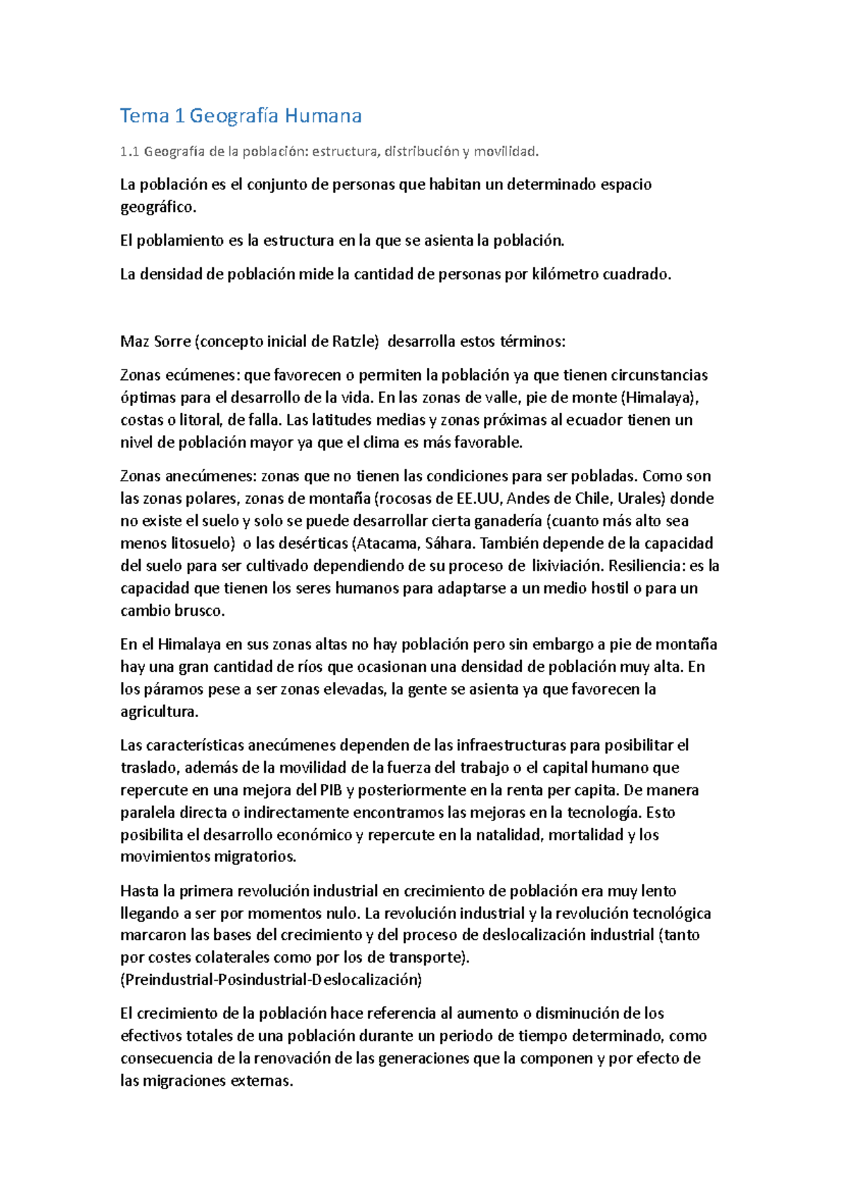 Apuntes Geografía - Tema 1 Geografía Humana 1 Geografía de la población ...