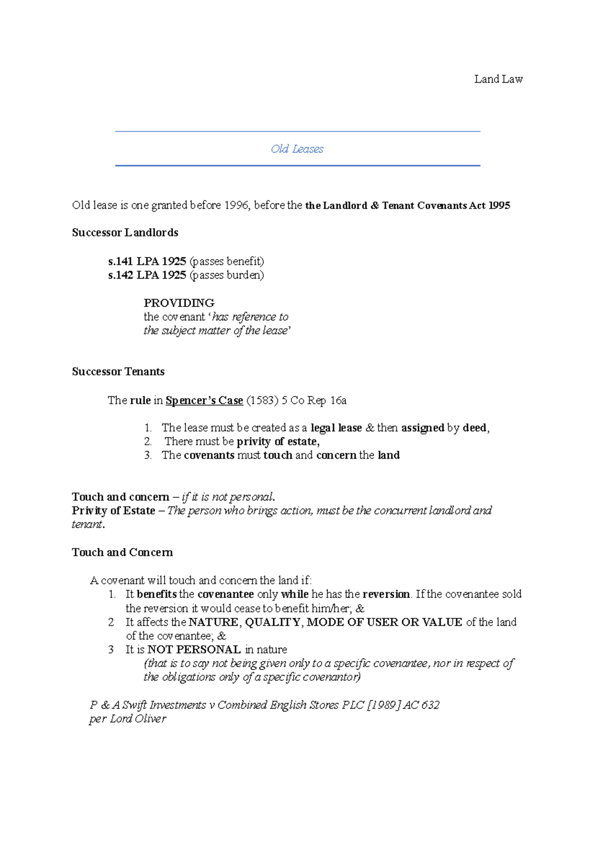 Land Law - Enforcement of Covenants Old Leases - Land Law Old Leases ...