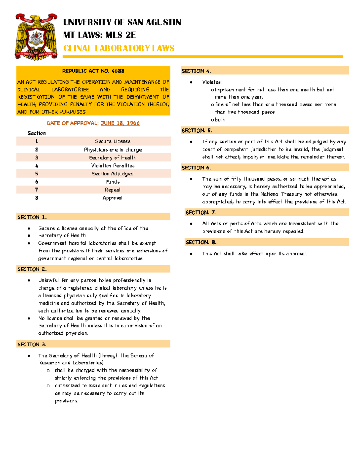 Mt laws - MT Laws compilation - UNIVERSITY OF SAN AGUSTIN MT LAWS: MLS 2E CLINAL LABORATORY LAWS ...