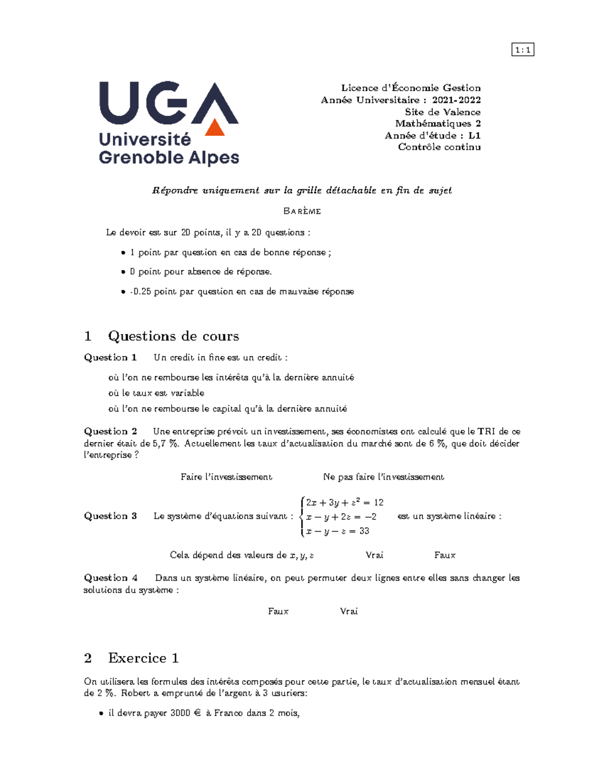 CC1 Maths 2 2021/2022 - 1: Licence d’ ́Economie Gestion Ann ́ee Universitaire : 2021- Site de ...
