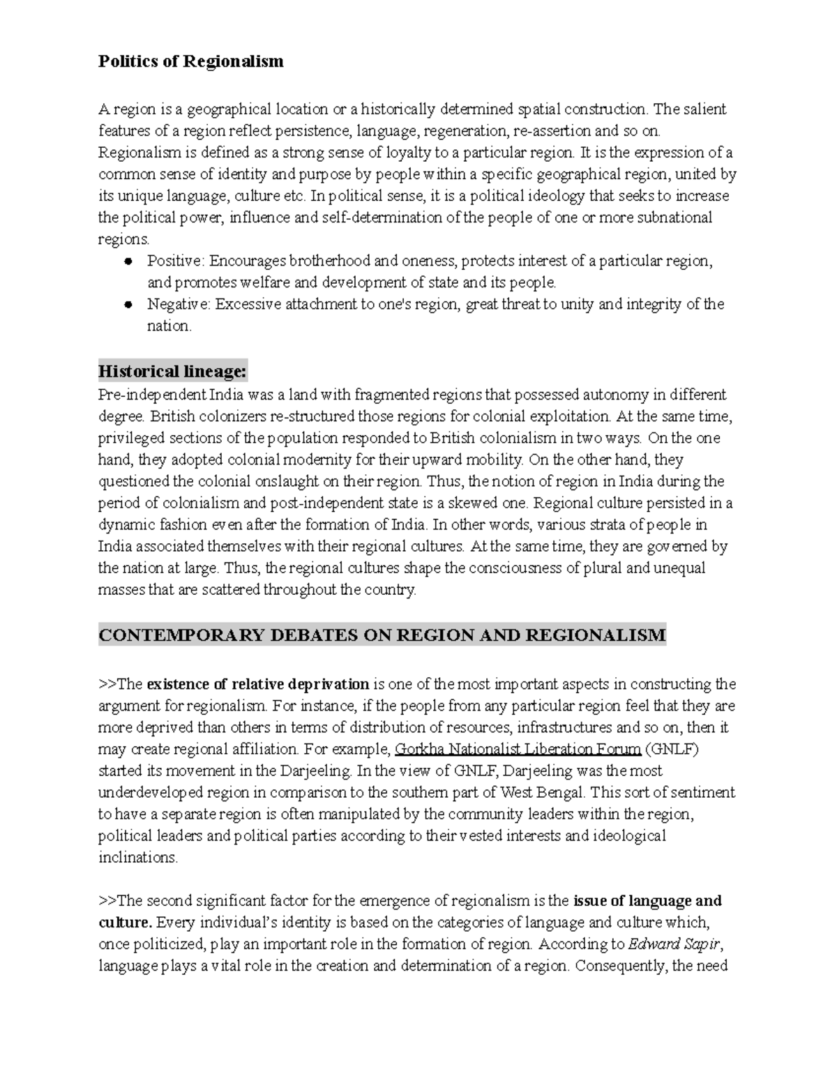 Politics of regionalism - The salient features of a region reflect ...