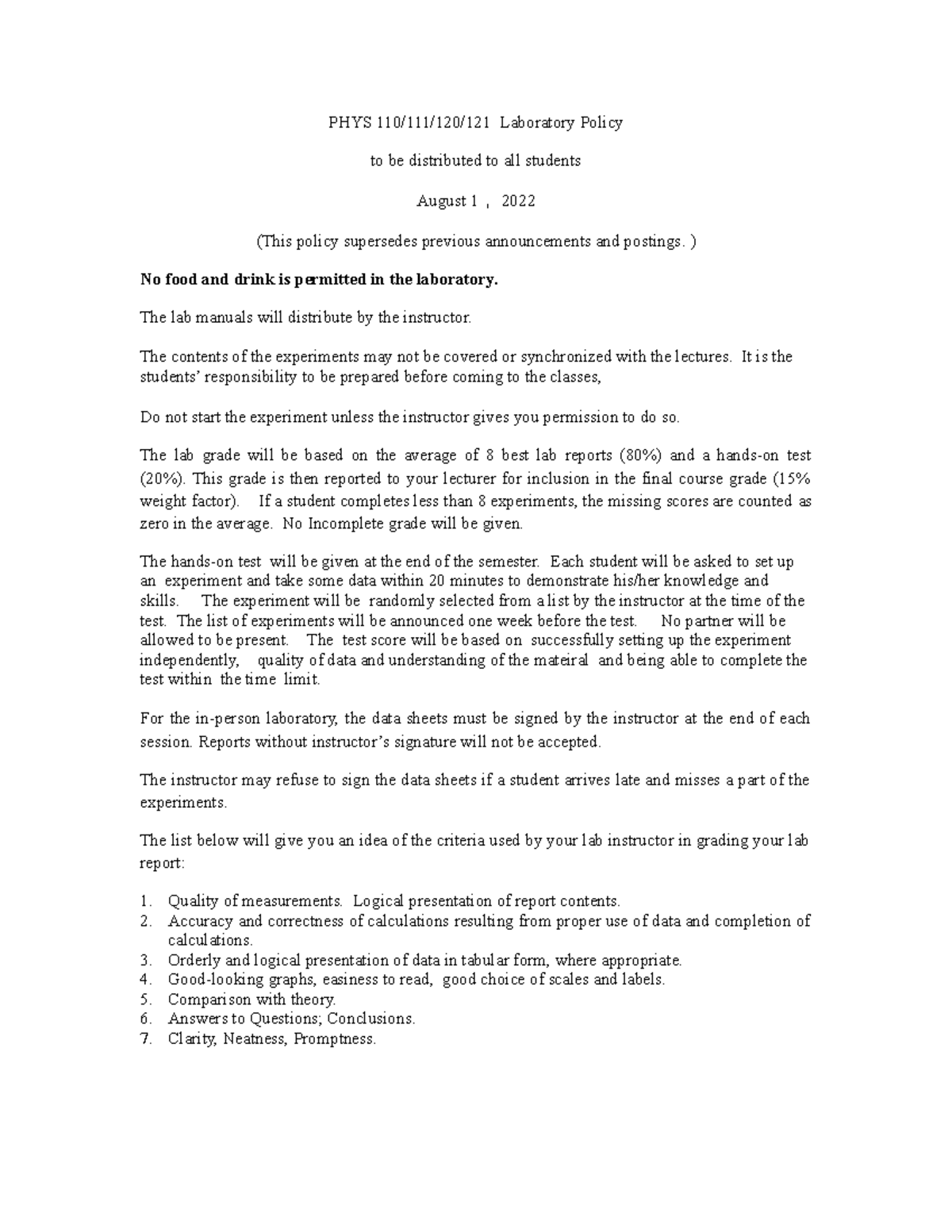 Phys 110-120 Lab Policy - PHYS 110/111/120/121 Laboratory Policy to be ...