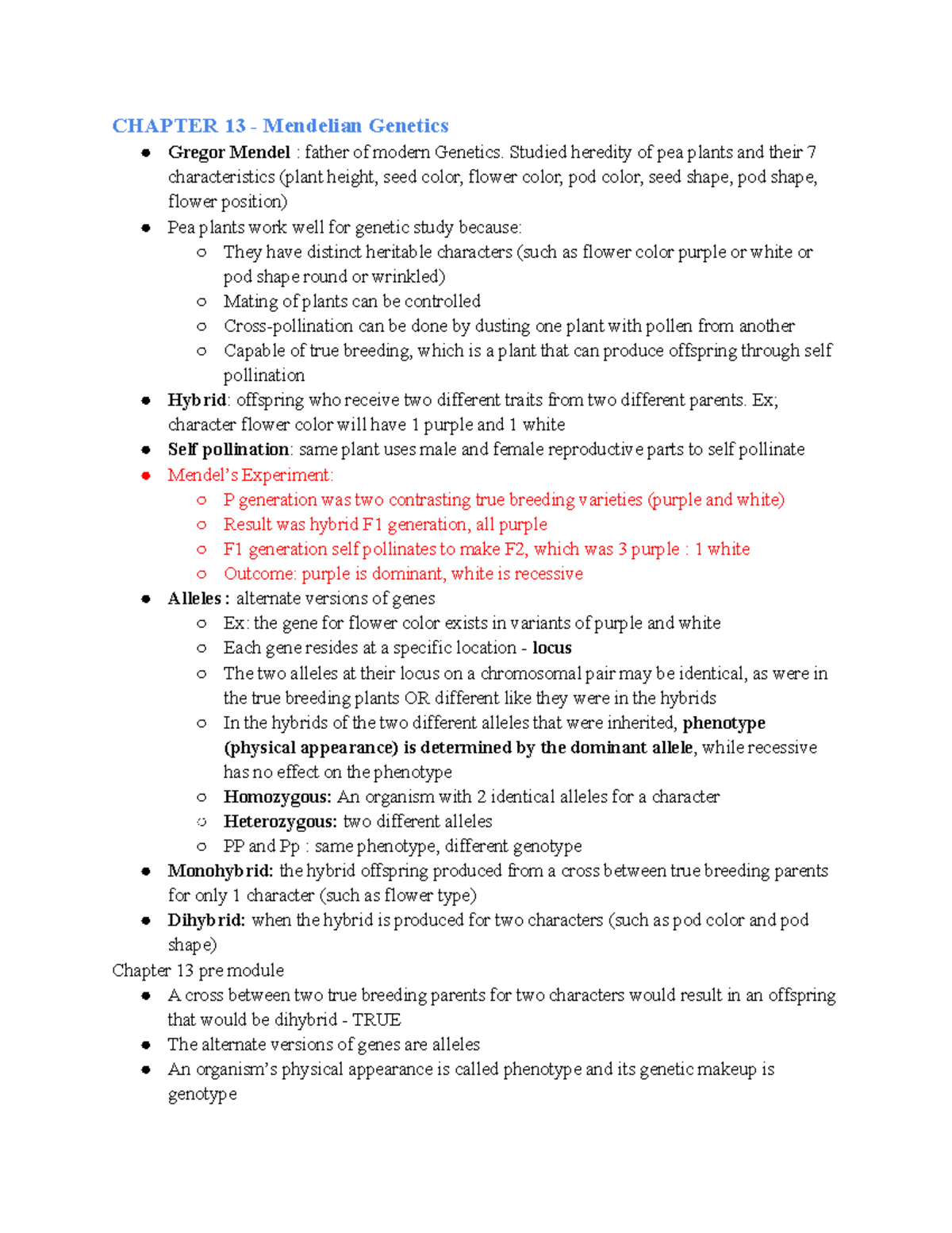 BIOL 101 Chapter 13-14 Study Guide - CHAPTER 13 - Mendelian Genetics ...