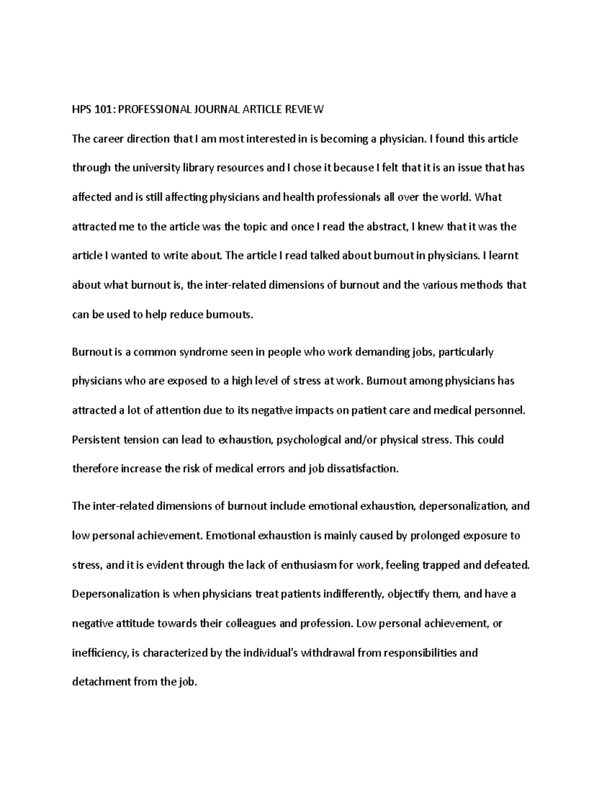 Professional Article - HPS 101: PROFESSIONAL JOURNAL ARTICLE REVIEW The ...