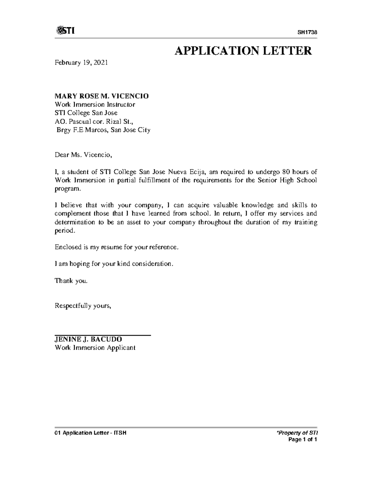 Bacudo Jenine Application Letter - SH 01 Application Letter - ITSH ...