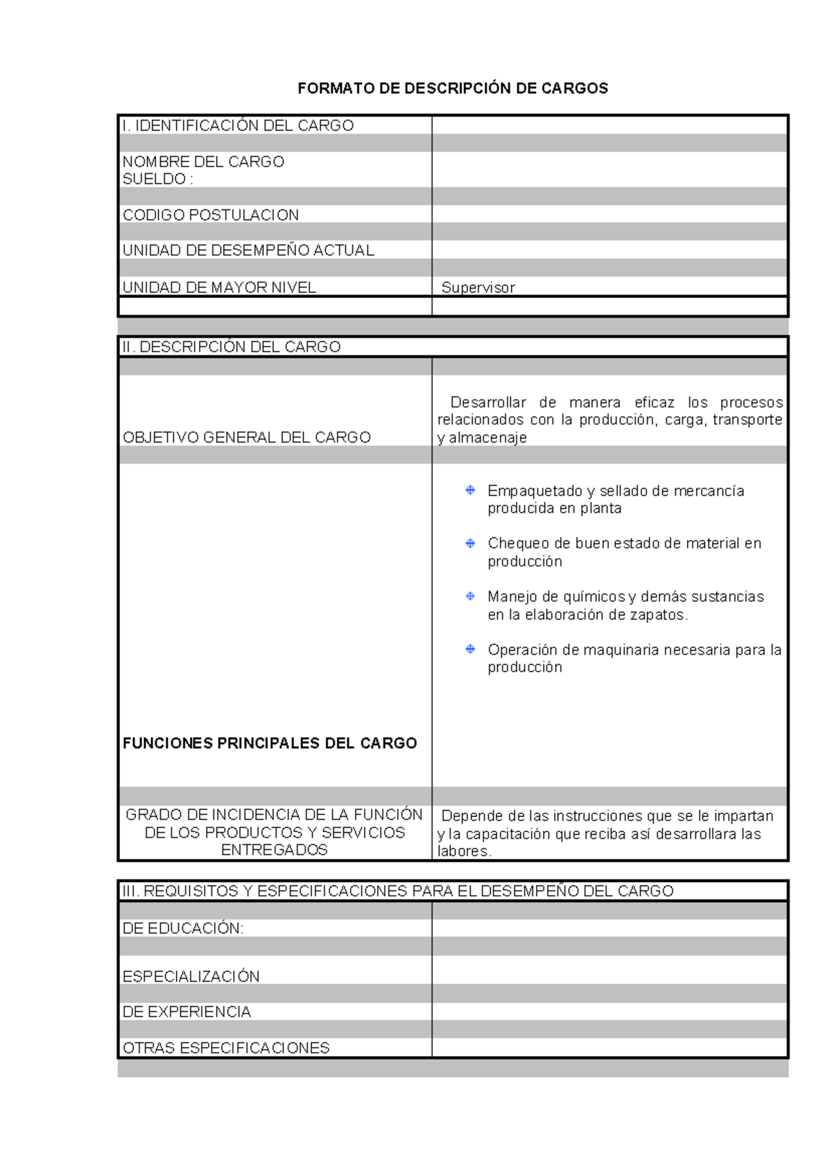 Formato Descripcion DE Cargo O Cargos - FORMATO DE DESCRIPCIÓN DE CARGOS I. IDENTIFICACIÓN DEL ...