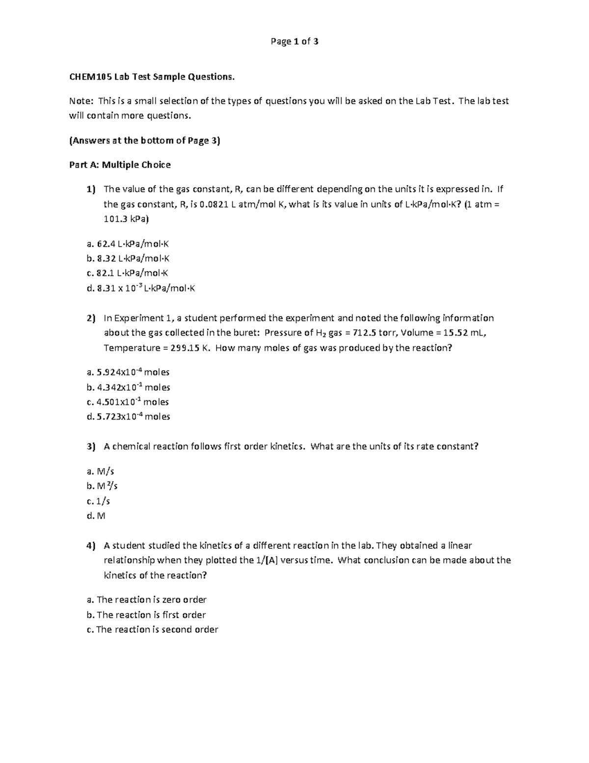 CHEM105 Lab Test Sample Questions - Note: This is a small selection of ...