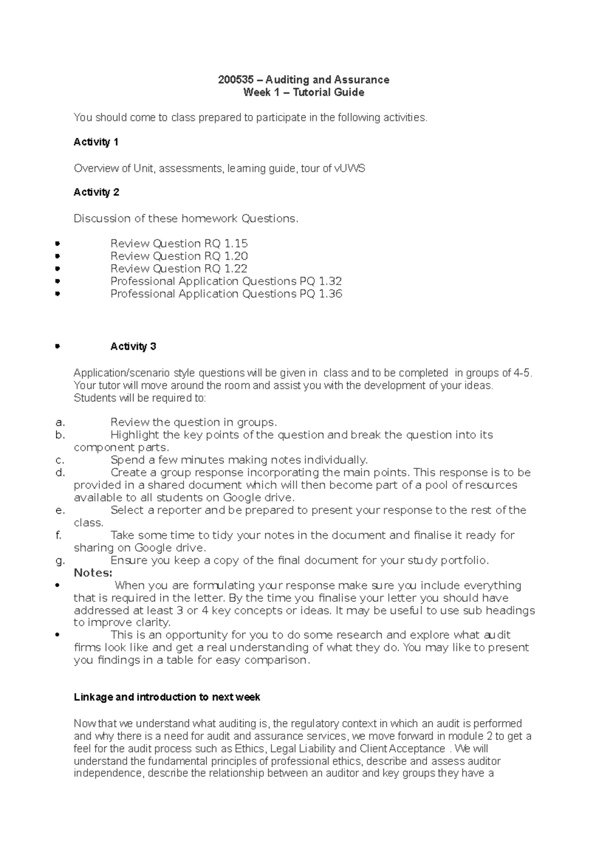 Tutorial Guide - 200535 – Auditing and Assurance Week 1 – Tutorial Guide You should come to ...