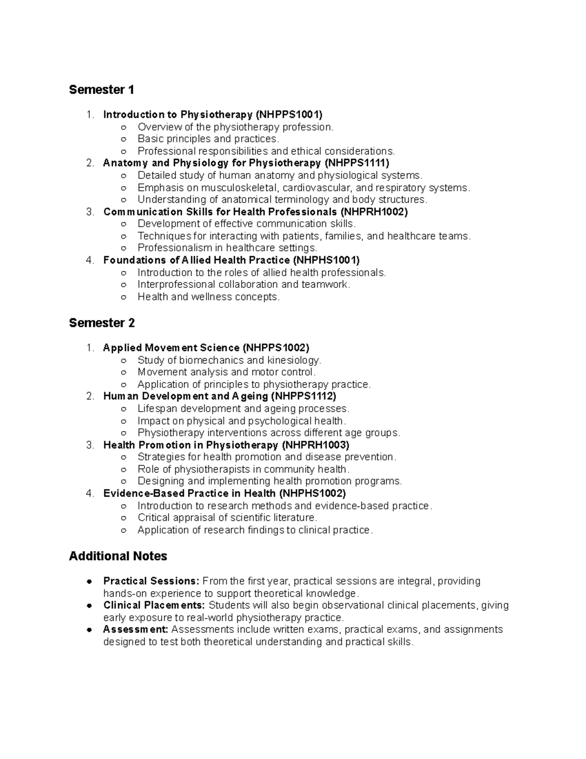 Bachelor of Physiotherapy Course Guide Year 1 - Semester 1 1 ...