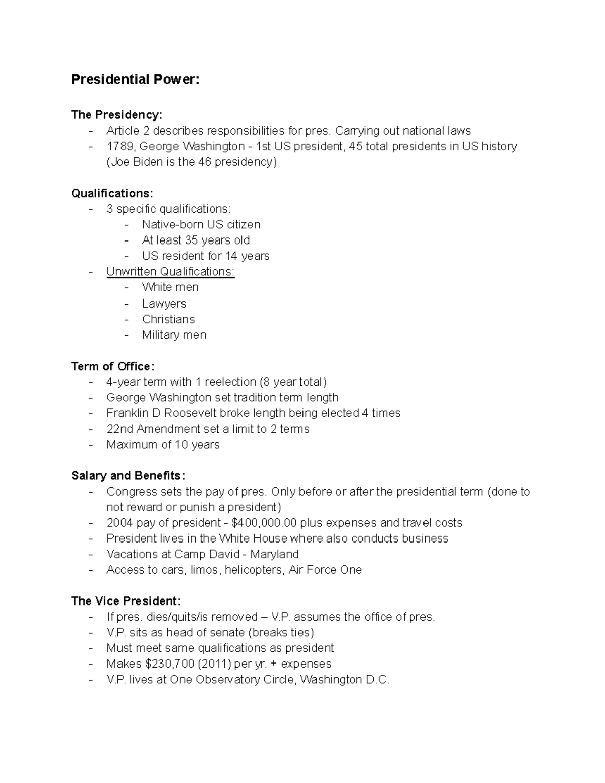 Executive Branch - History Notes - Presidential Power: The Presidency ...