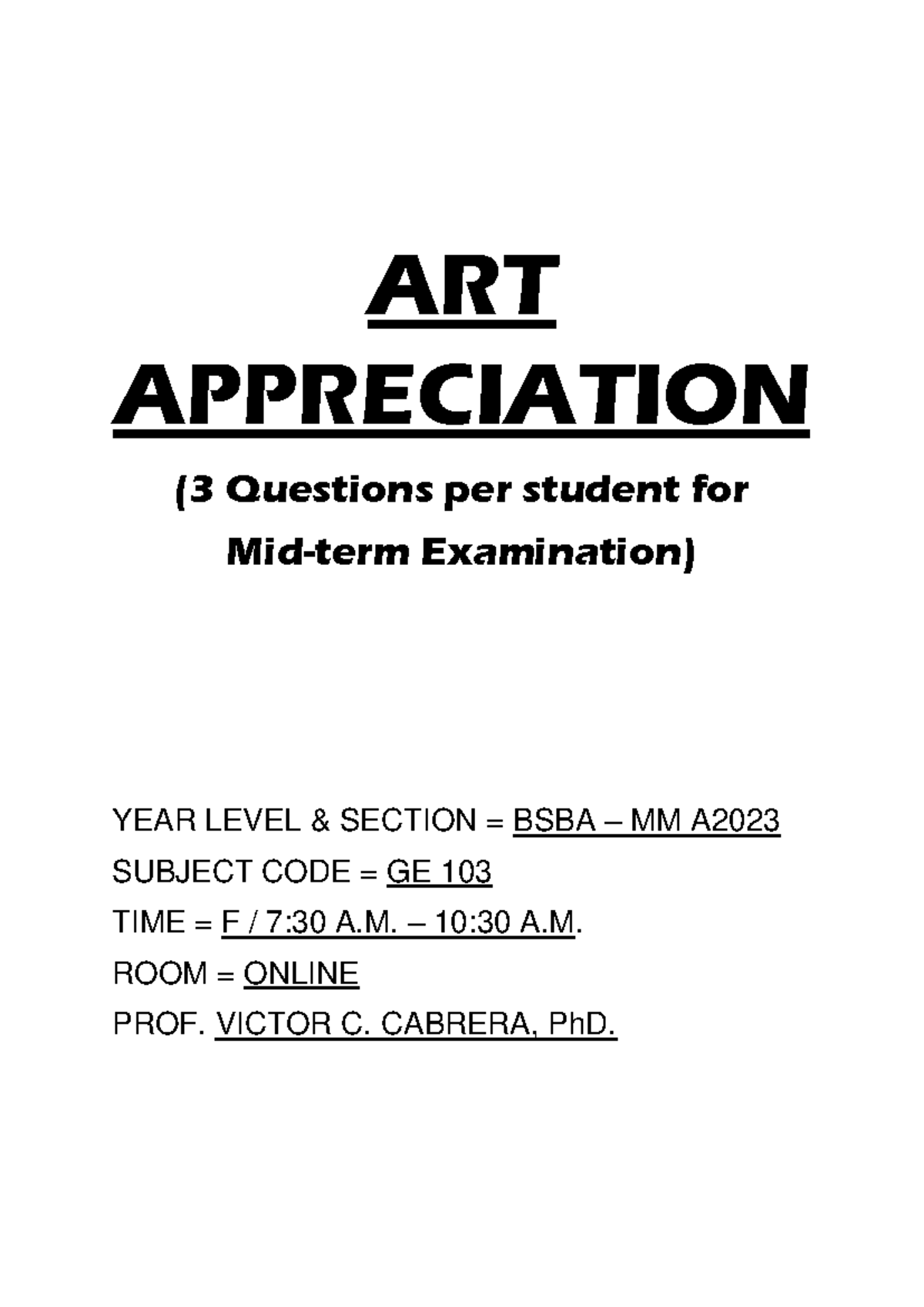 ART Appreciation - ART APPRECIATION (3 Questions per student for Mid ...
