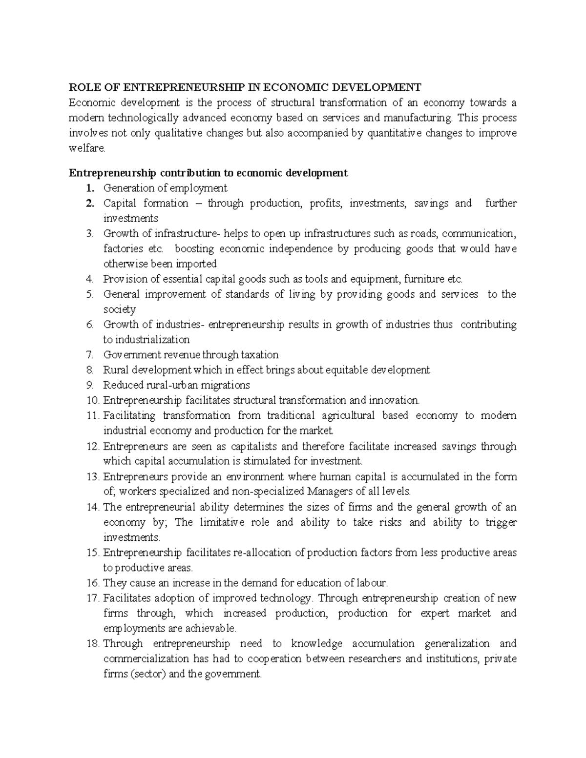 UCU 104 Lesson 3 - ROLE OF ENTREPRENEURSHIP IN ECONOMIC DEVELOPMENT Economic development is the ...