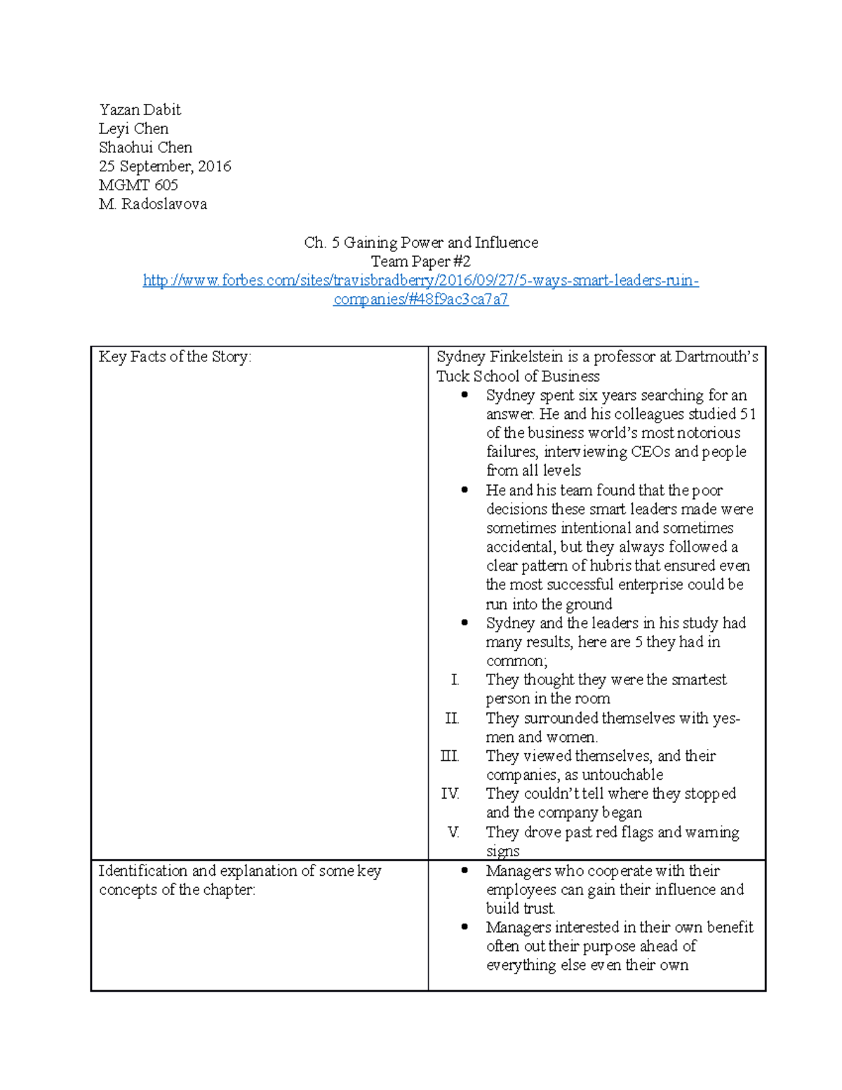 MGMT 605 Paper #2 - Yazan Dabit Leyi Chen Shaohui Chen 25 September ...