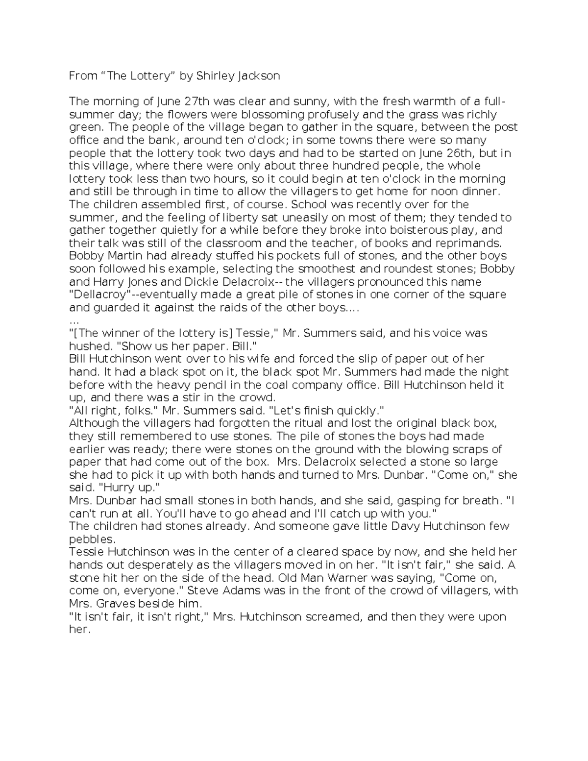 Reading Comprehension - The Lottery - From “The Lottery” by Shirley ...