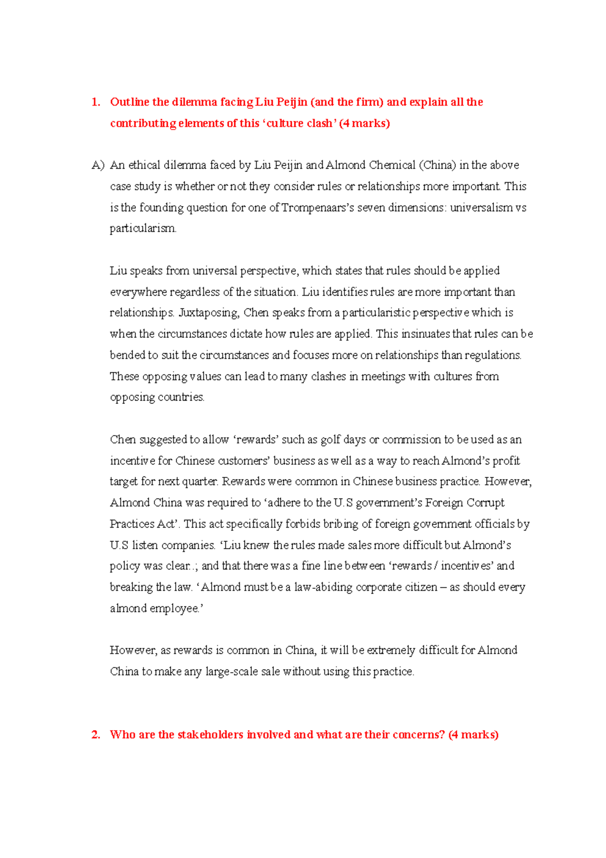 MGMT2030 Practice Exam with some Answers 2017 - 1. Outline the dilemma ...