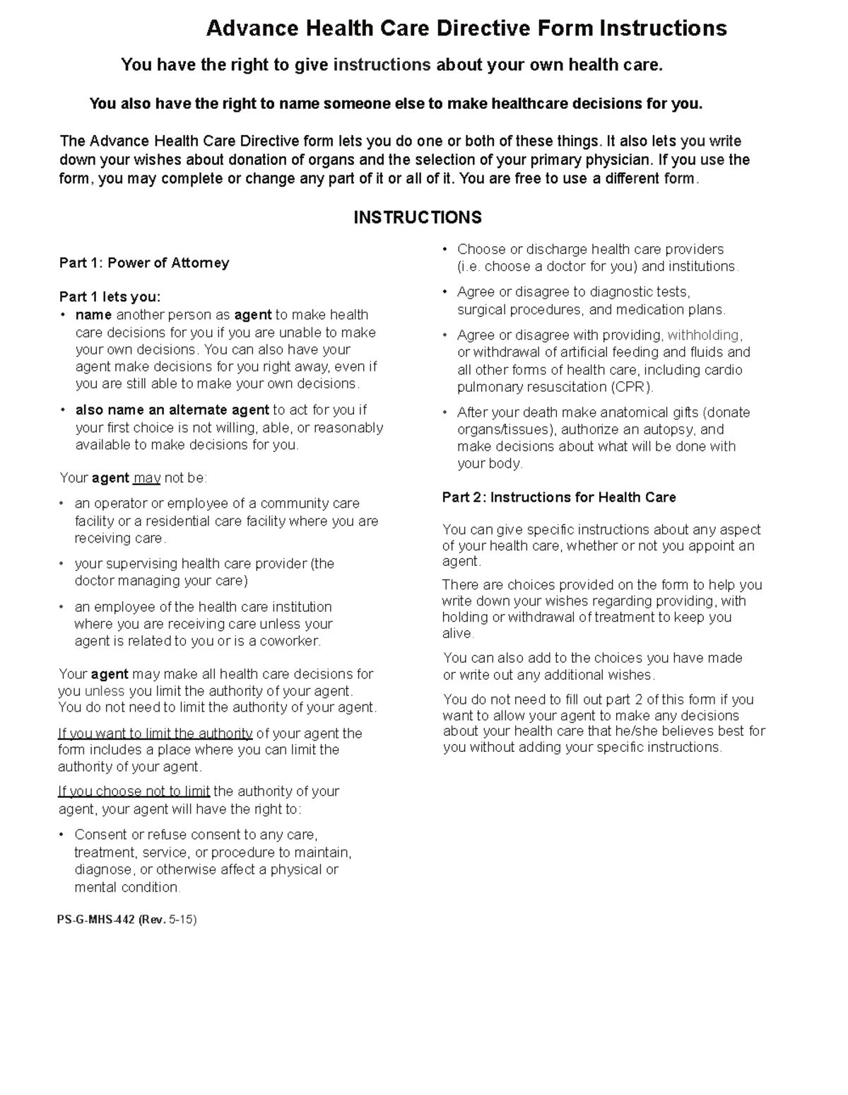 Advance Directive Form - Advance Health Care Directive Form ...