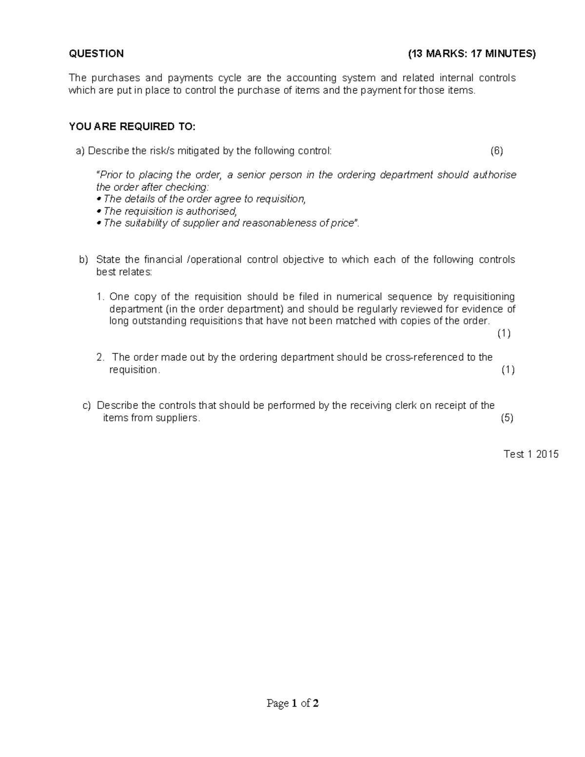 Purchases and Payments - YOU ARE REQUIRED TO: a) Describe the risk/s ...