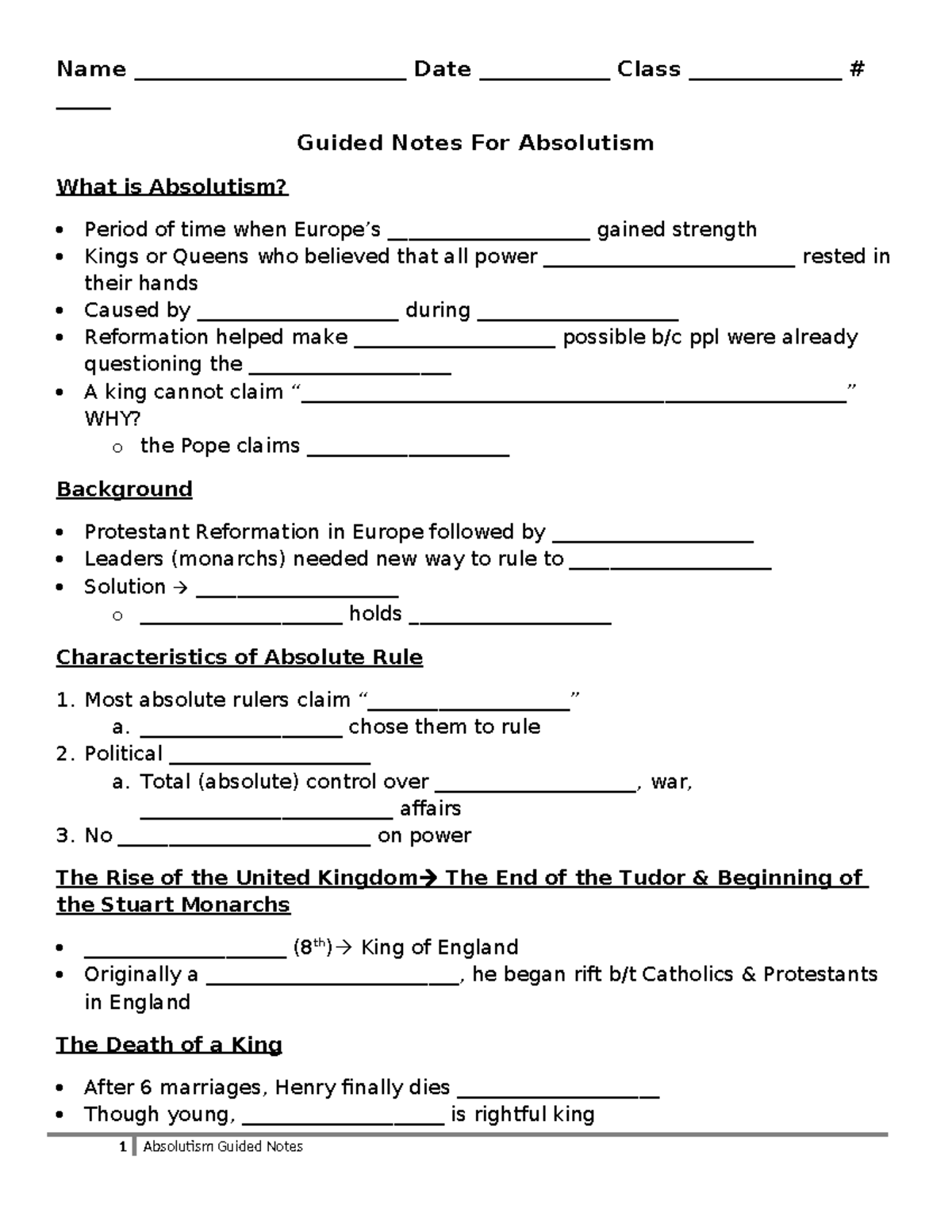 Guided Notes For Absolutism - Name _________________________ Date ...