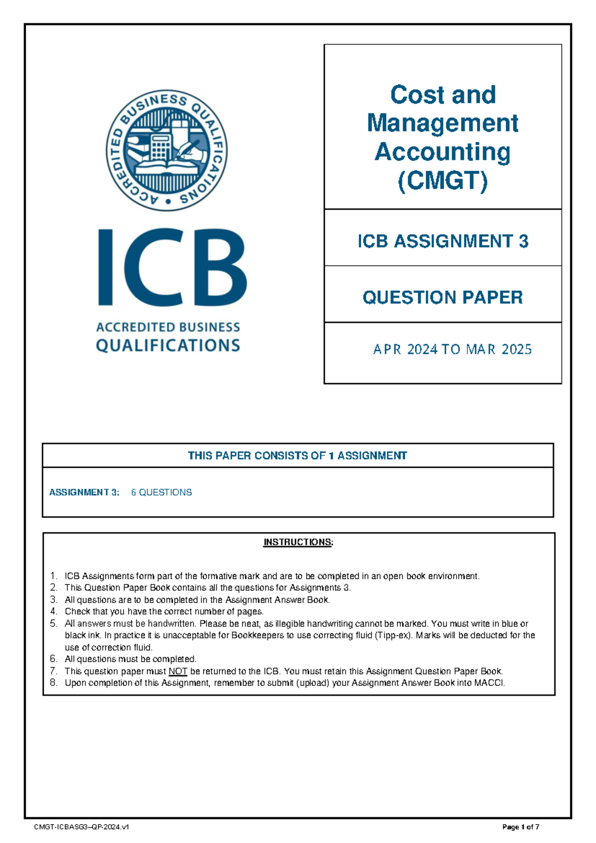 CMGT-ICB Assignment 3-QP-2024 - Page 1 of 7 Cost and Management ...