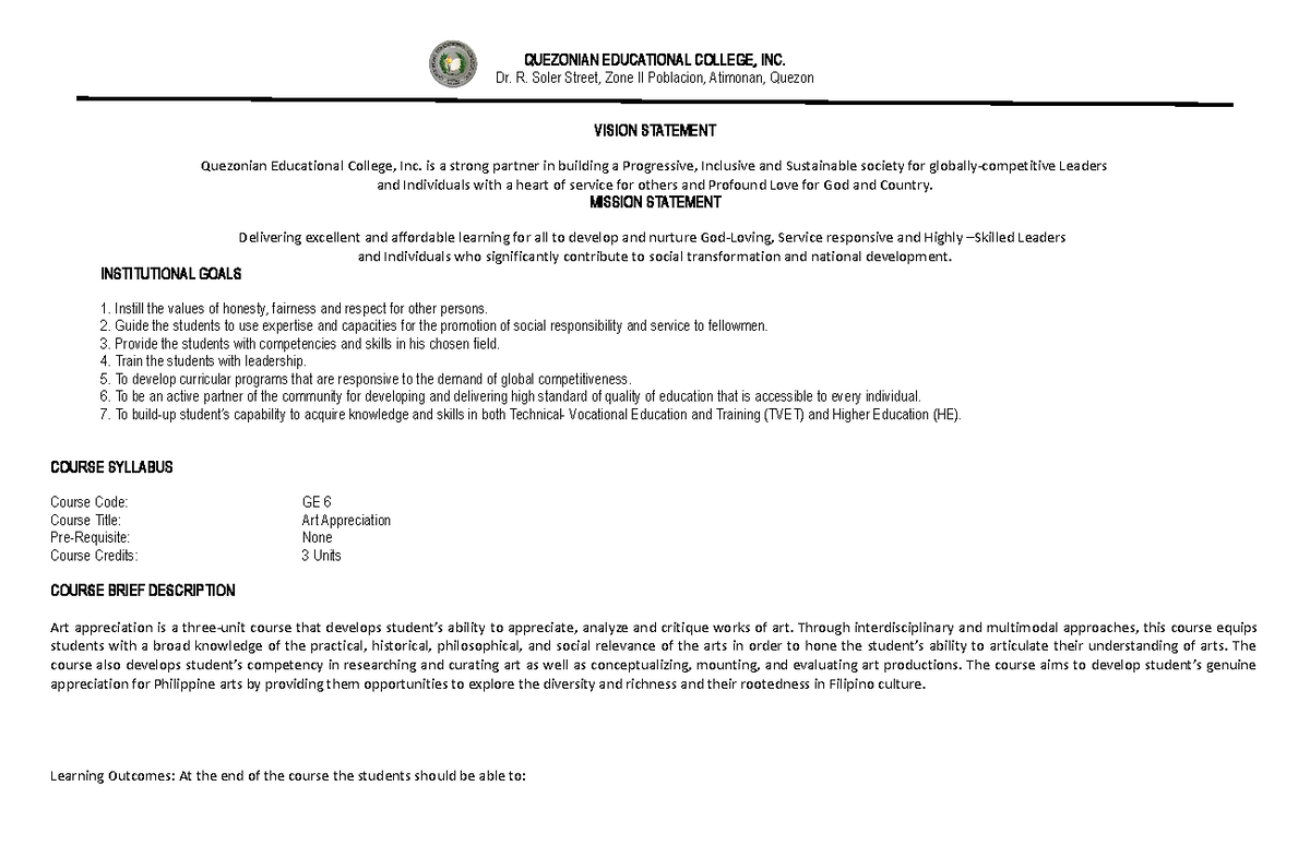 Syllabus-in-Art-Appreciation final 055549 - Dr. R. Soler Street, Zone ...