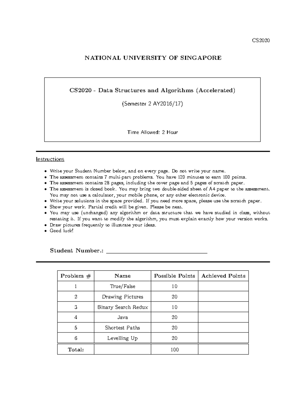 CS2020 1617 Semester 2 Ans - ####### CS NATIONAL UNIVERSITY OF SINGAPORE CS2020 - Data ...