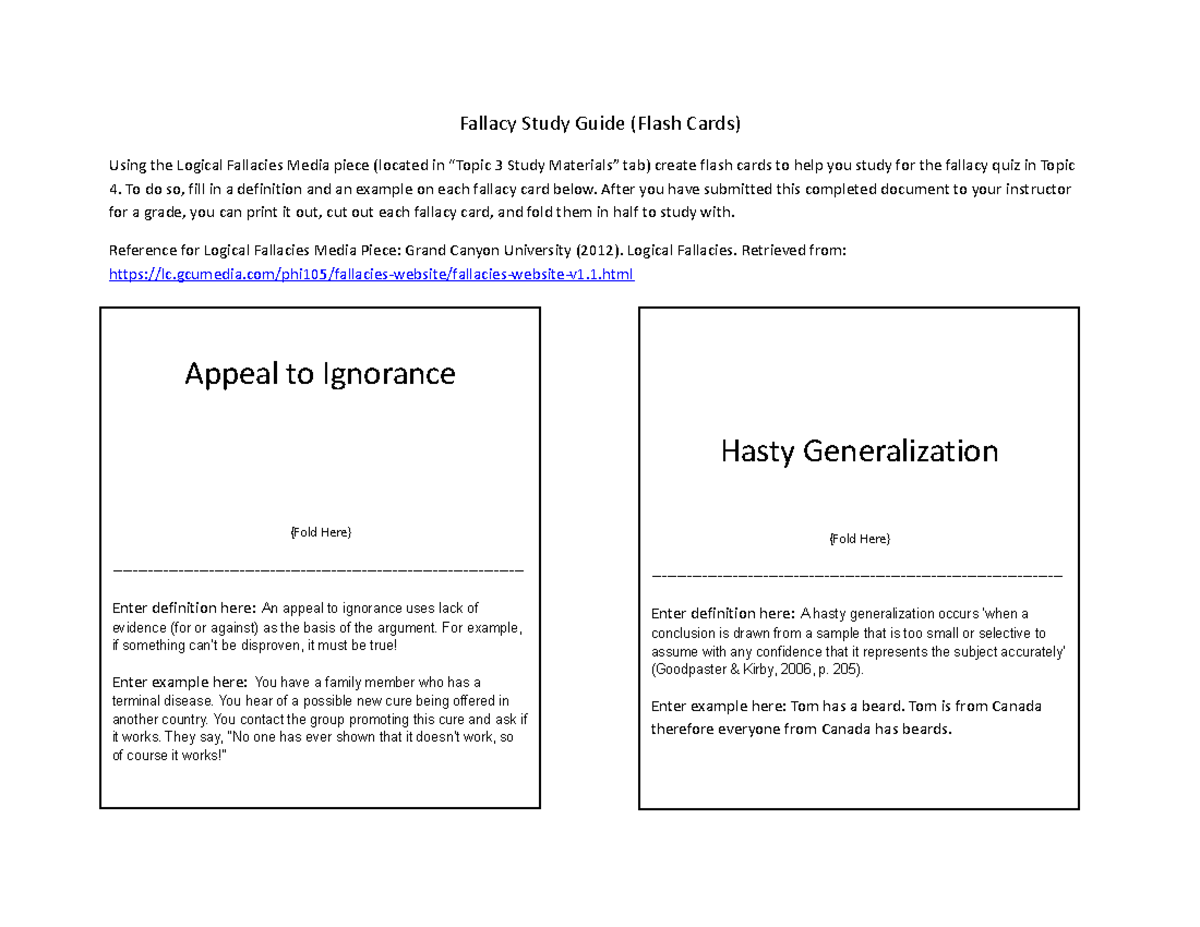 PHI105 - Fallacy study guide - Fallacy Study Guide (Flash Cards) Using ...