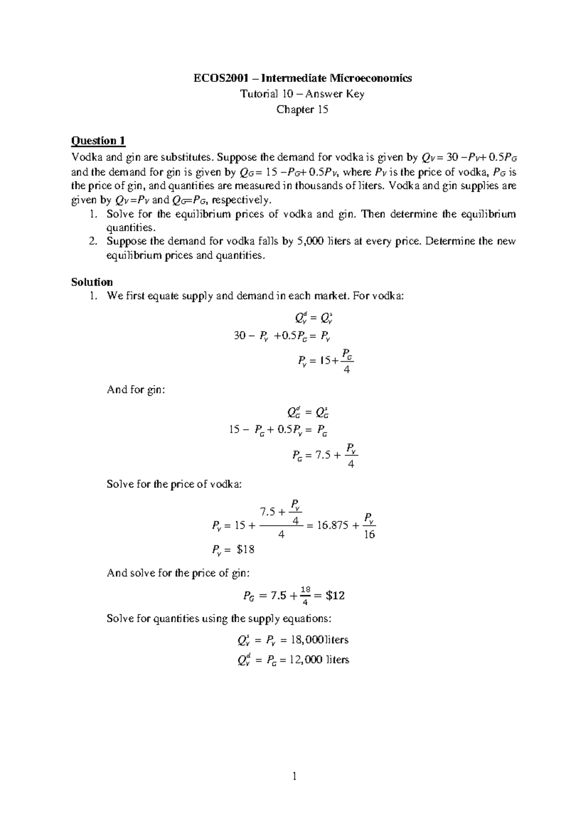 Tutorial 10 - Answer Key - ECOS2001 – Intermediate Microeconomics ...