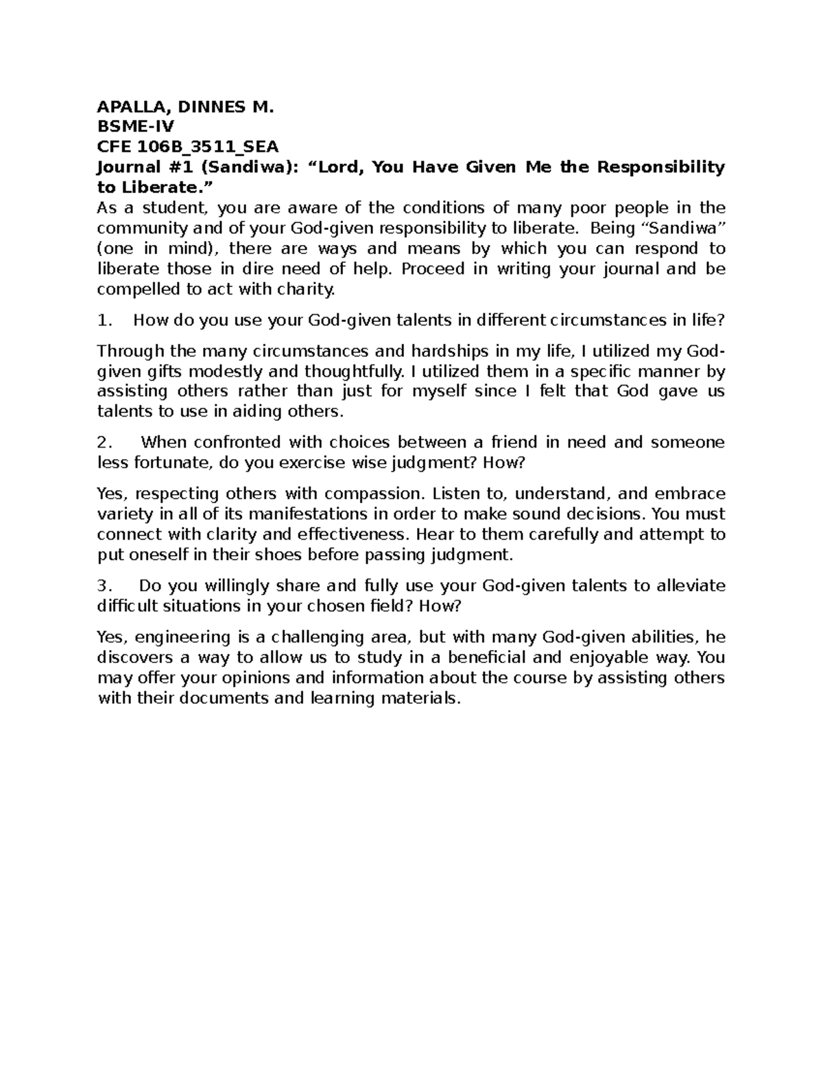 Apalla, Dinnes M. Journal #1 (Sandiwa) - APALLA, DINNES M. BSME-IV CFE ...