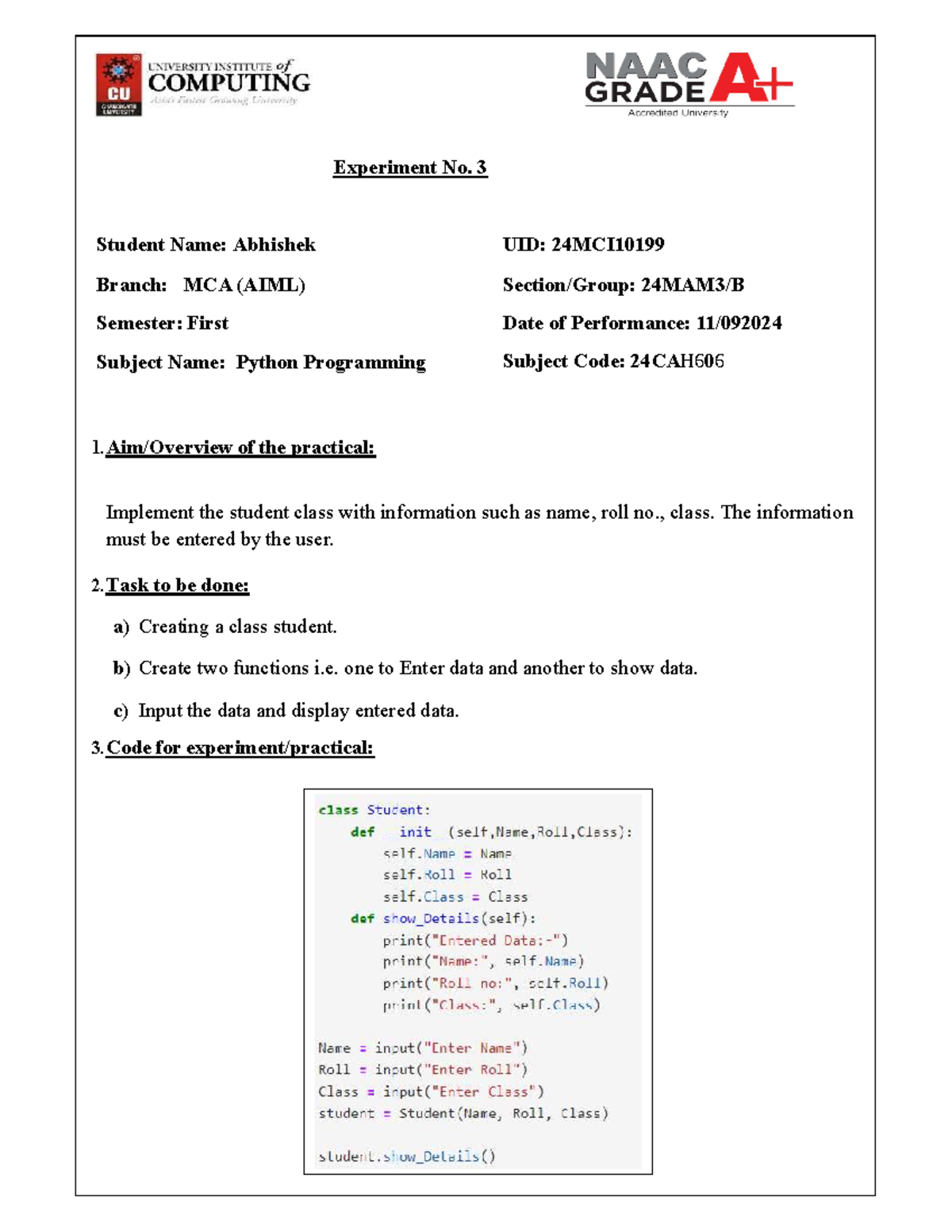 Python ex-2 - hg hcgjcgjcgh h gj - Experiment No. 3 Branch: MCA (AIML ...