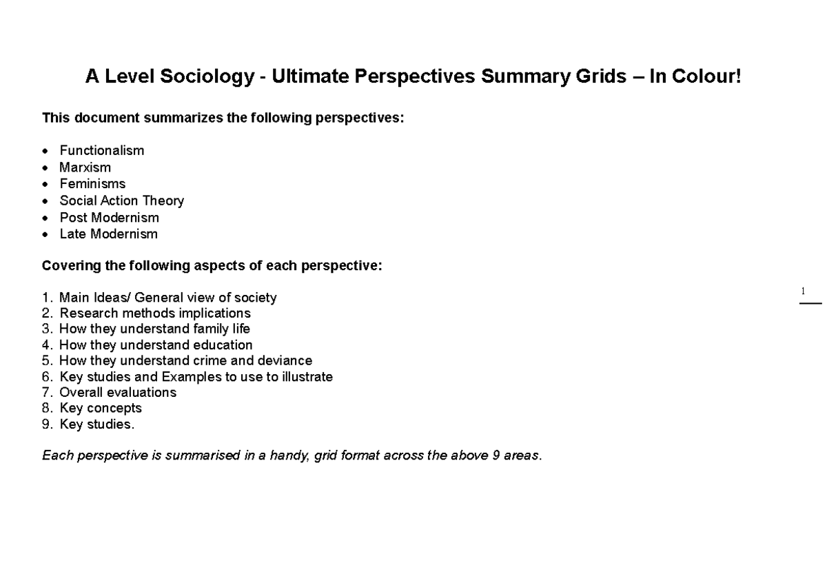 Ultimate sociological perspectives summary grids - 1 A Level Sociology ...