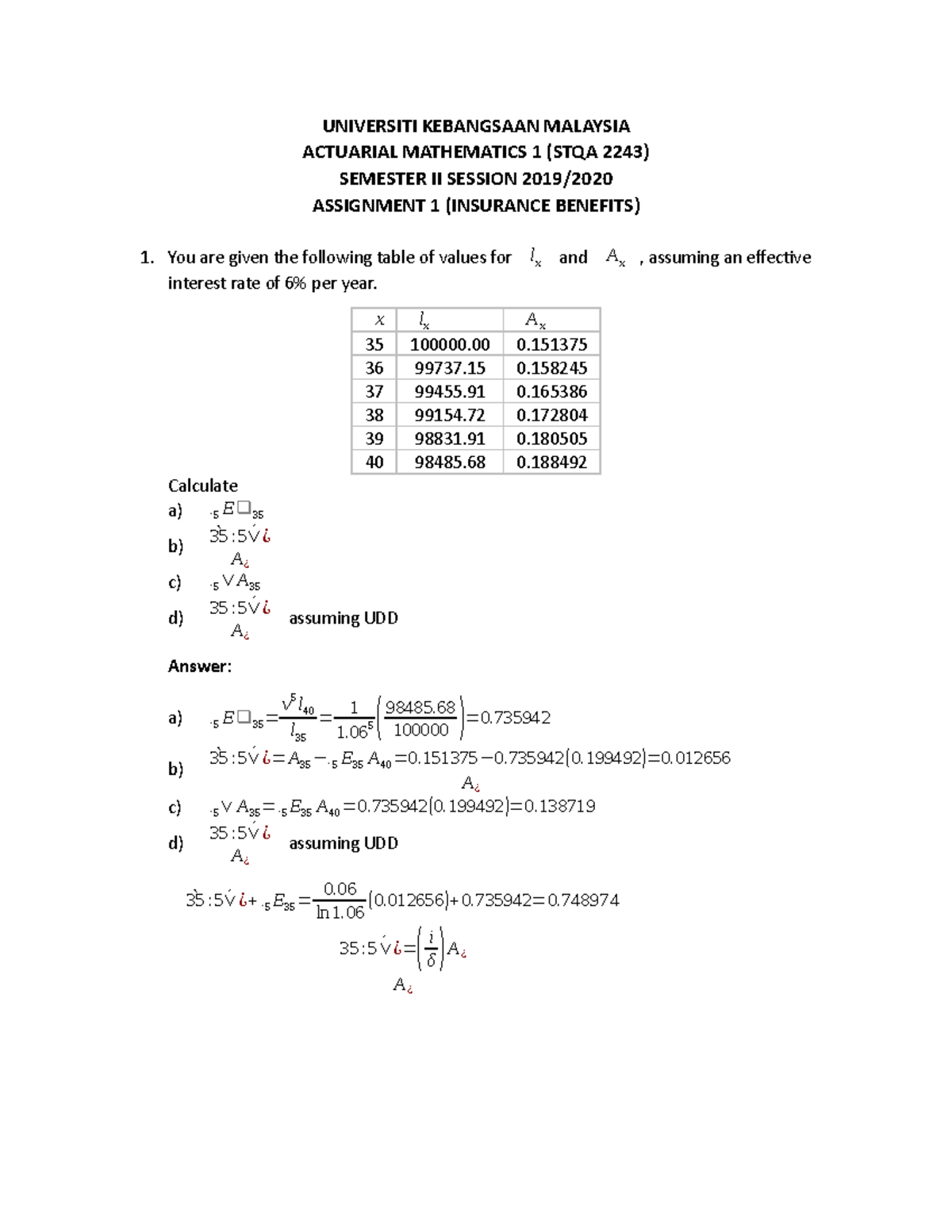 Exercises solution - UNIVERSITI KEBANGSAAN MALAYSIA ACTUARIAL ...