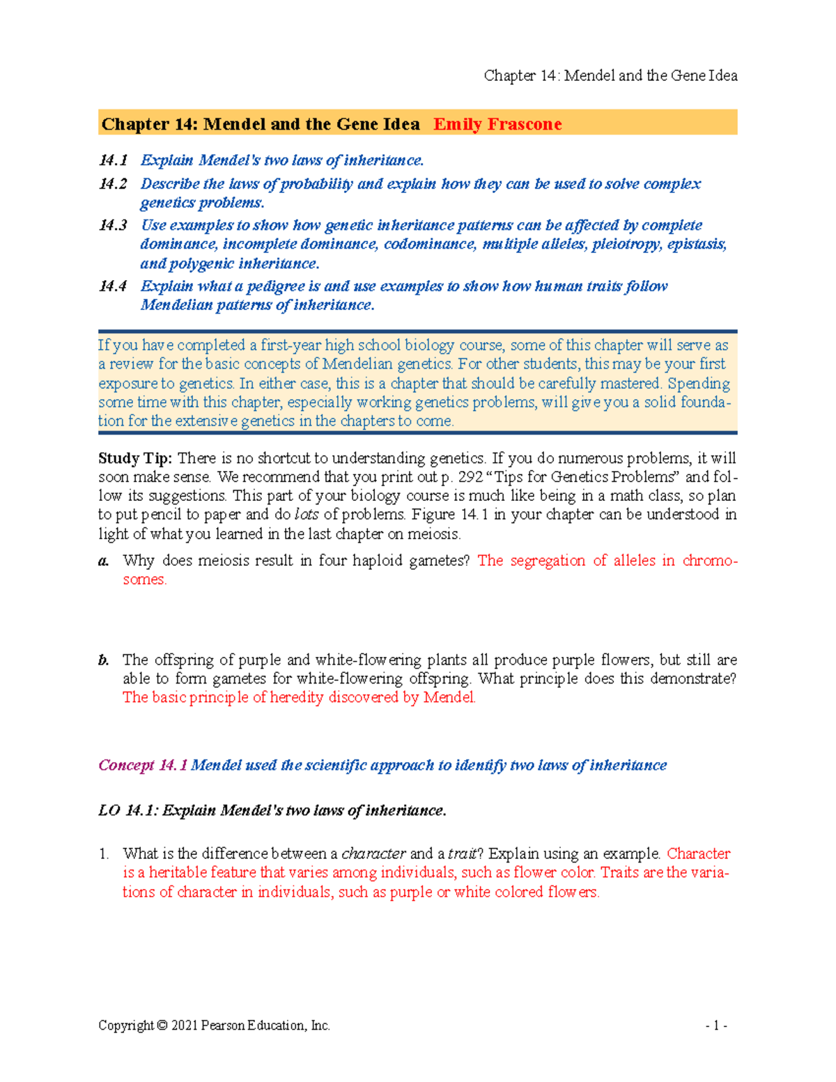 EF BIOL 108 Chapter 14 ARG - Chapter 14: Mendel and the Gene Idea Emily ...