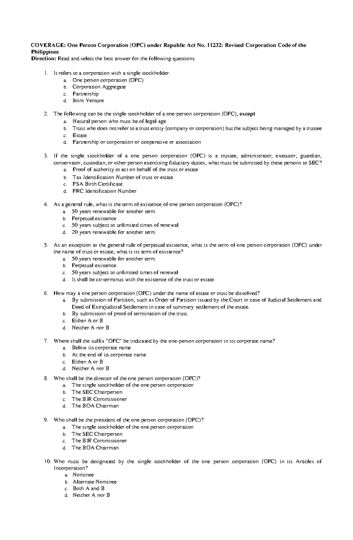 One Person Corporation OPC under Republic Act No - 11232: Revised ...