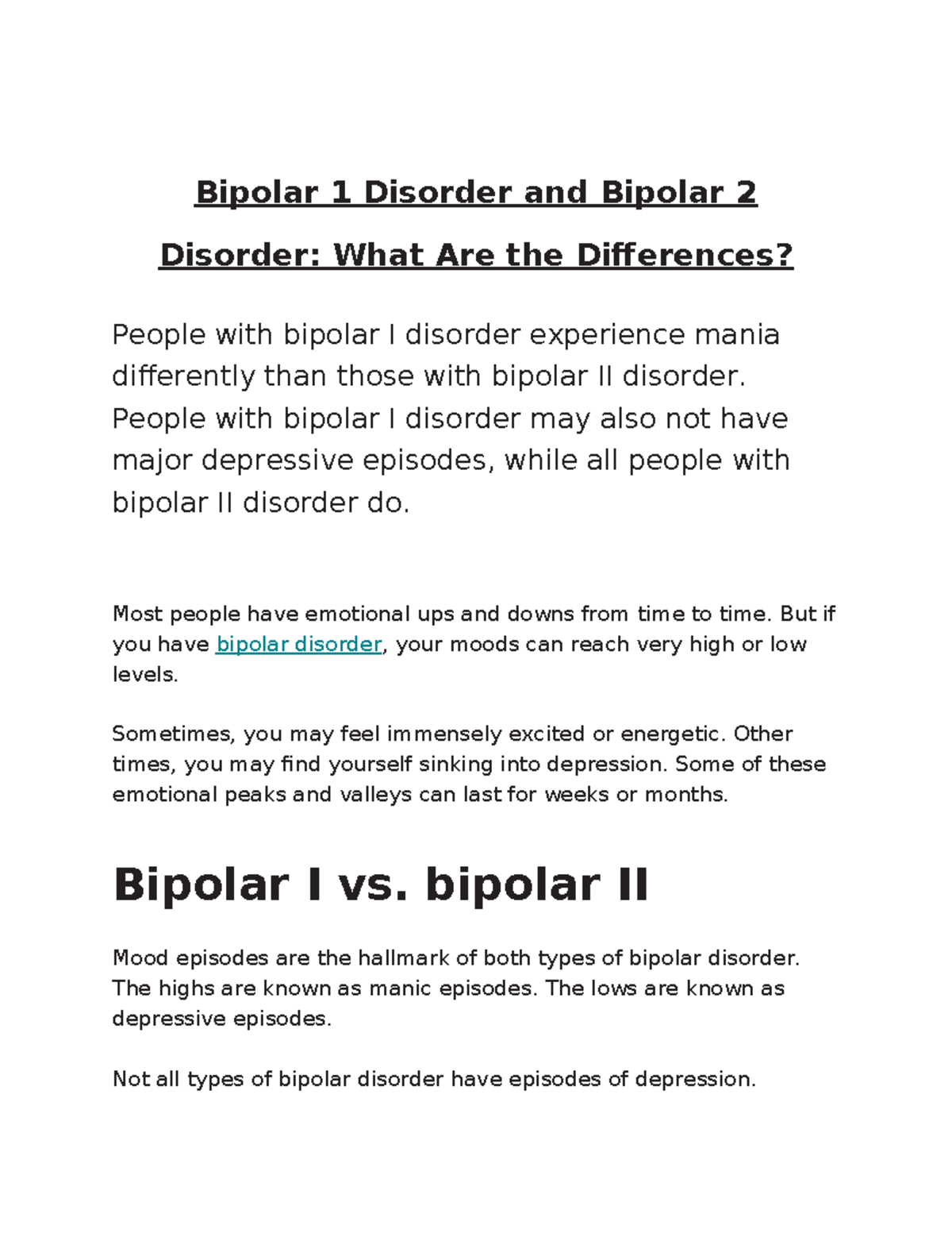 Bipolar Notes Copy - Bipolar 1 Disorder and Bipolar 2 Disorder: What ...
