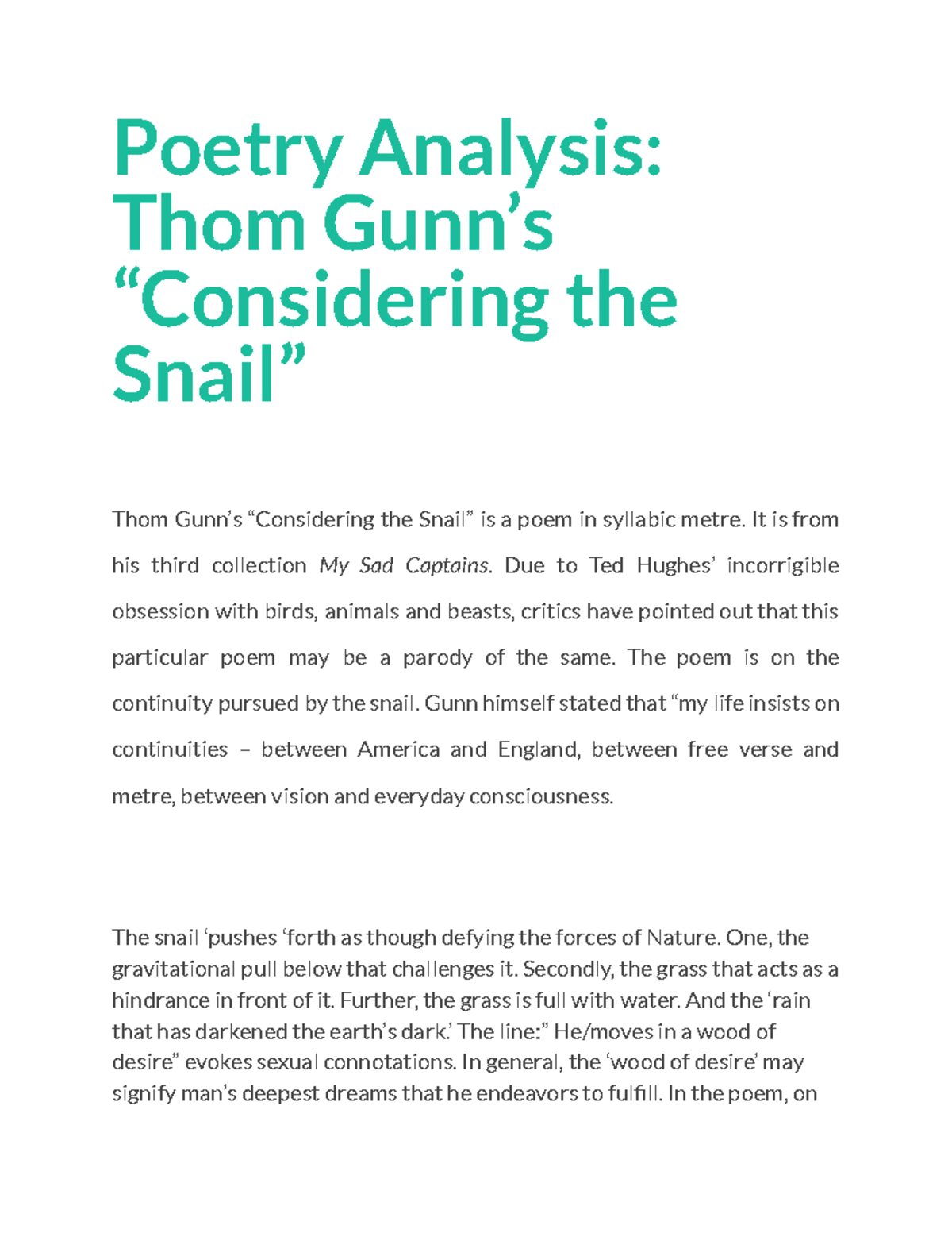 Poetry Analysis Thom Gunn’s “Considering the Snail” - Poetry Analysis ...