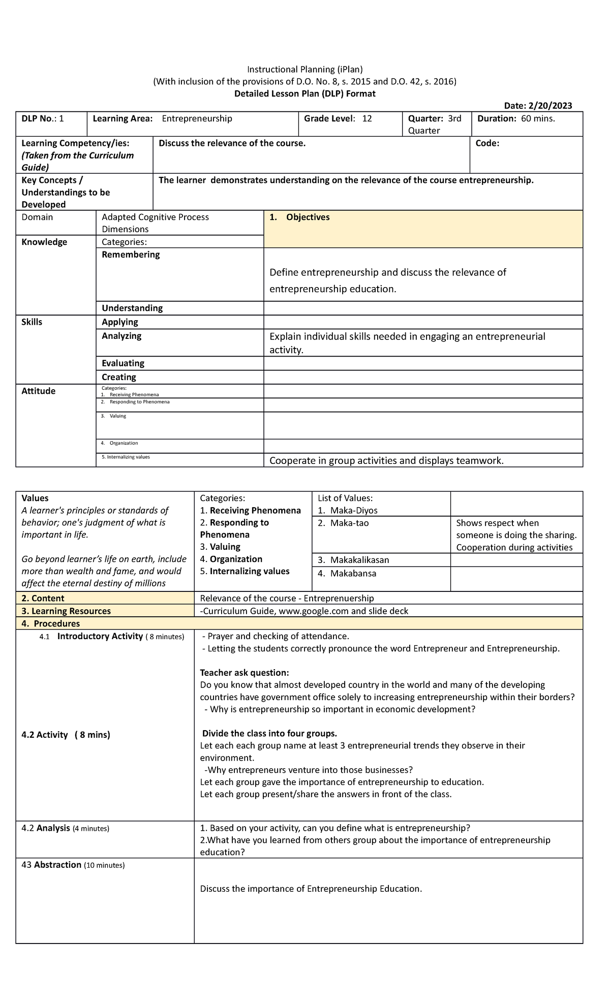 DLP 1 Entrep - Sample Lesson Plan - Instructional Planning (iPlan ...