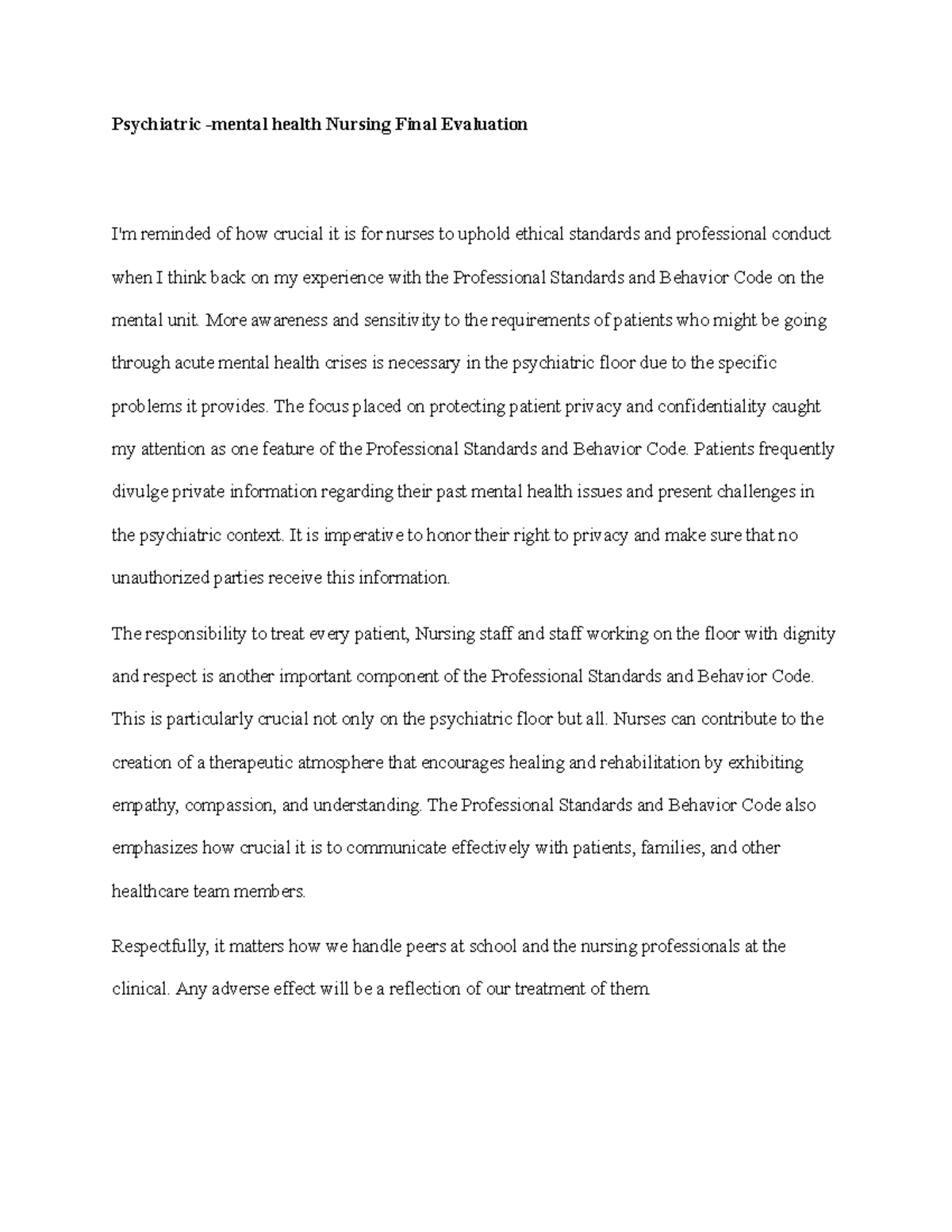 Final eval psych - assignments - Psychiatric -mental health Nursing Final Evaluation I'm ...