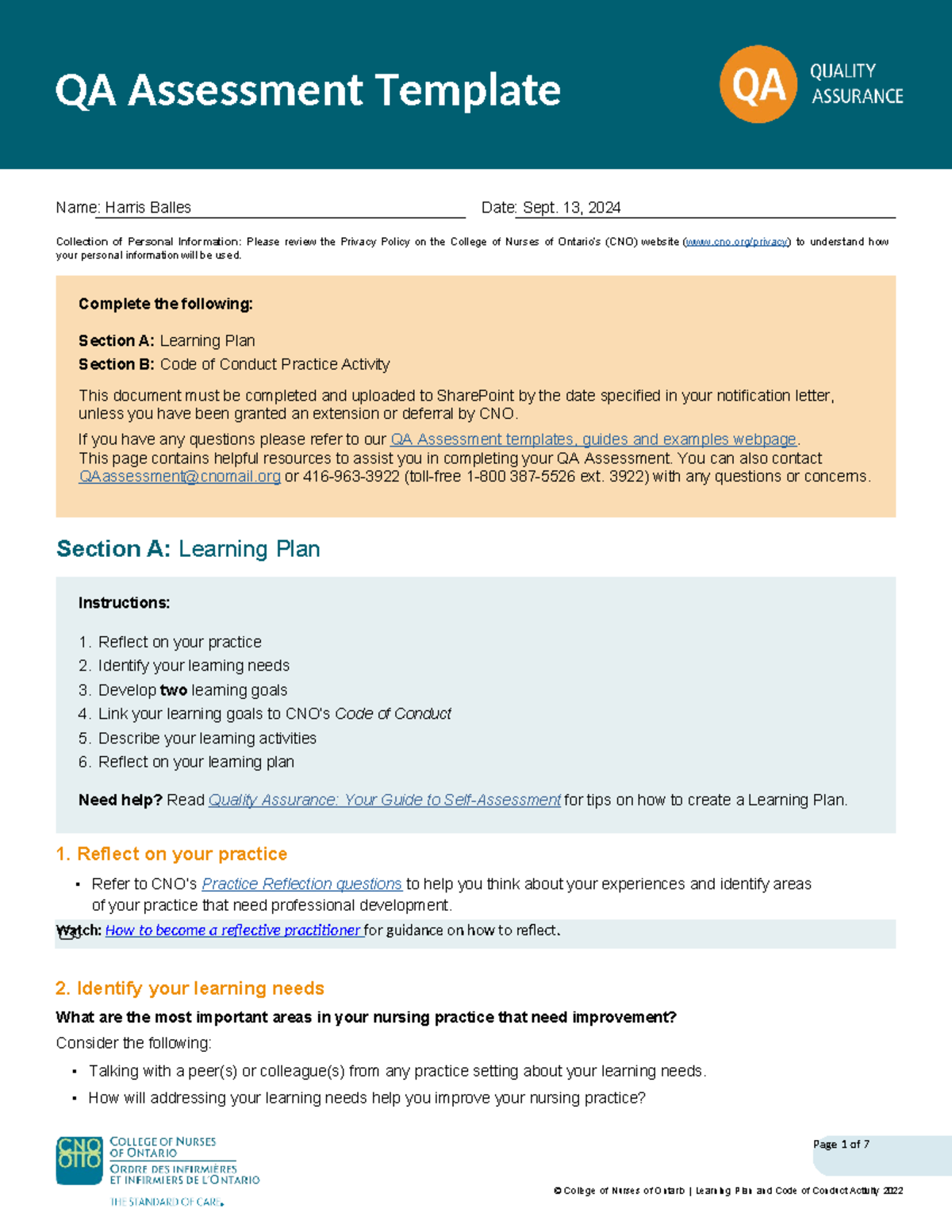 Learning Plan Assignment - QA Assessment Template Name: Harris Balles ...