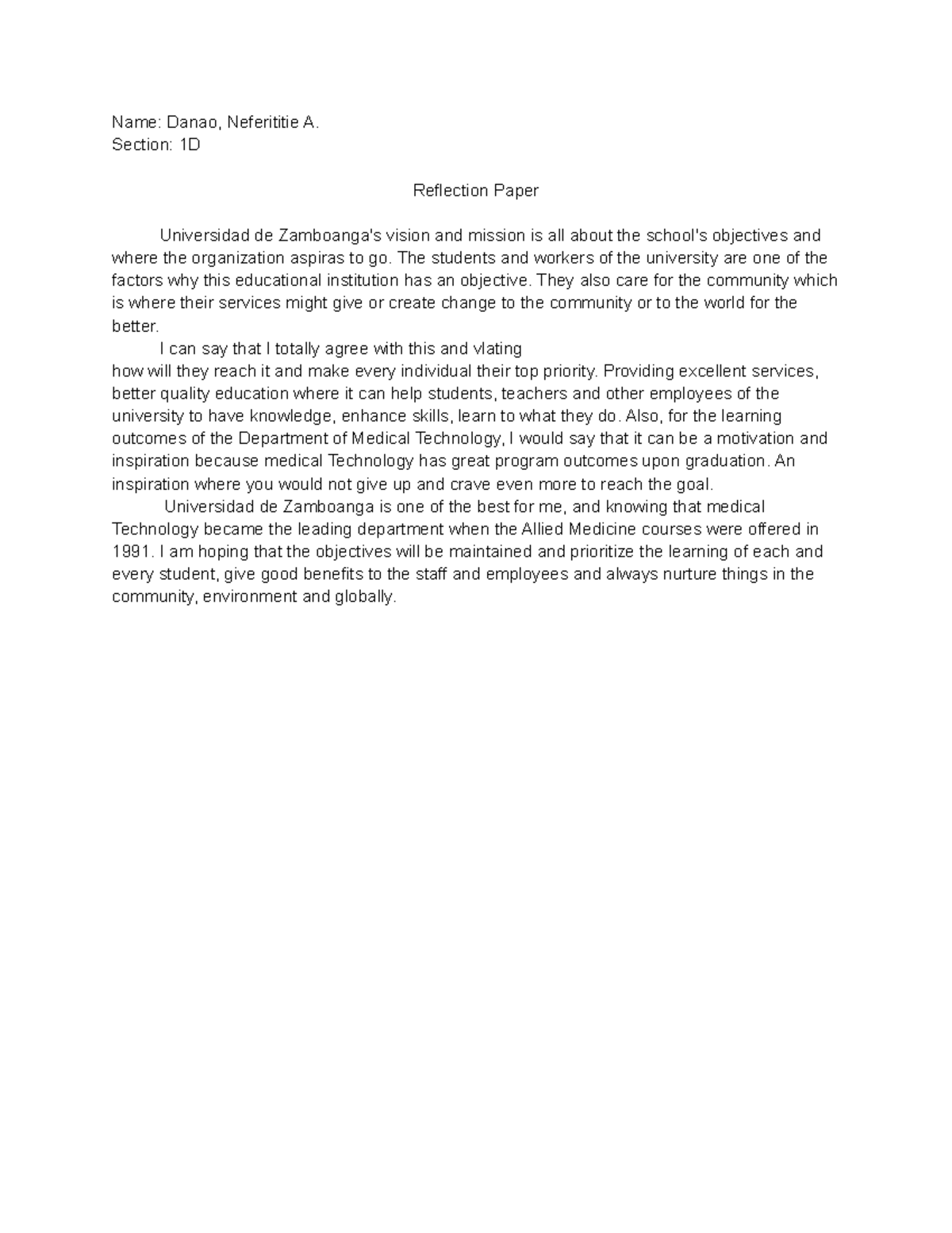 Reflection paper - Name: Danao, Neferititie A. Section: 1D Reflection ...