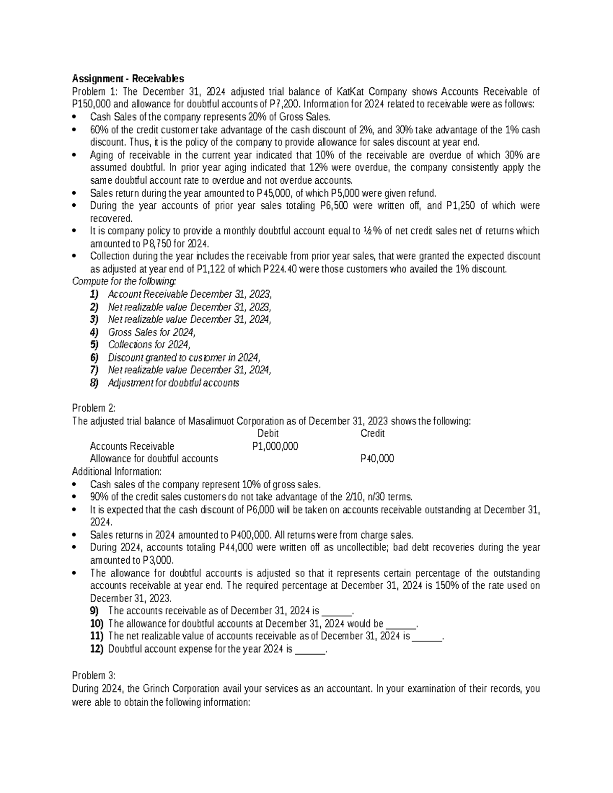 accounts Receivables practice set - Assignment - Receivables Problem 1 ...