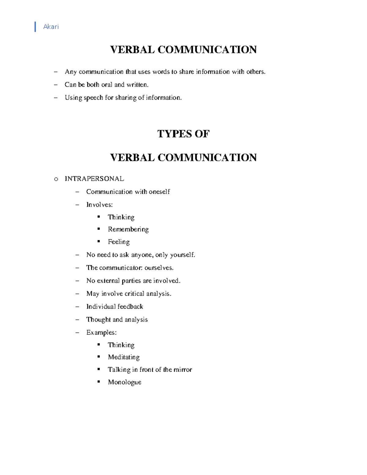 Oral Communication - Verbal communication (Akari) - Akari VERBAL ...