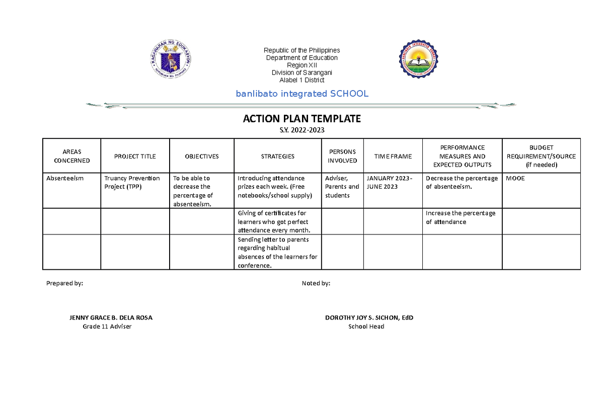 Action PLAN Absenteeism jenny - Republic of the Philippines Department ...