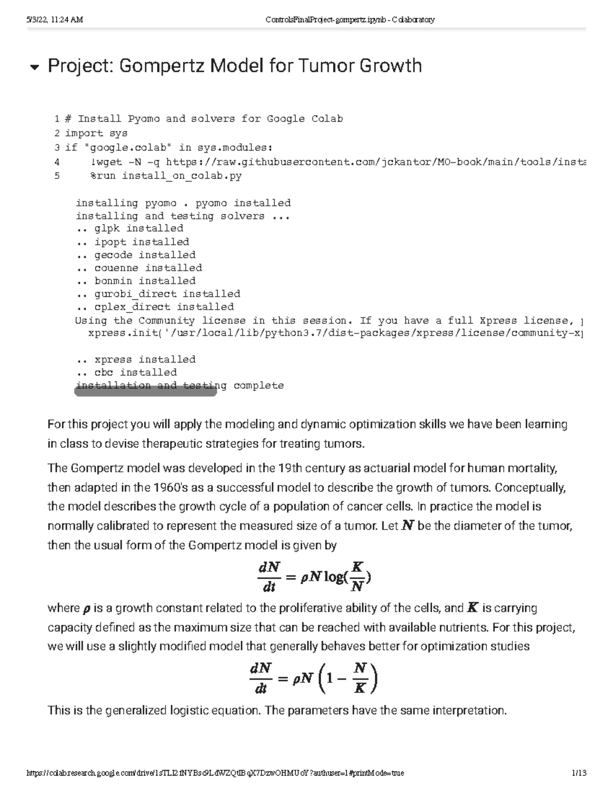 Controls Final Project-gompertz.ipynb - Colaboratory - Project: Gompertz Model for Tumor Growth ...