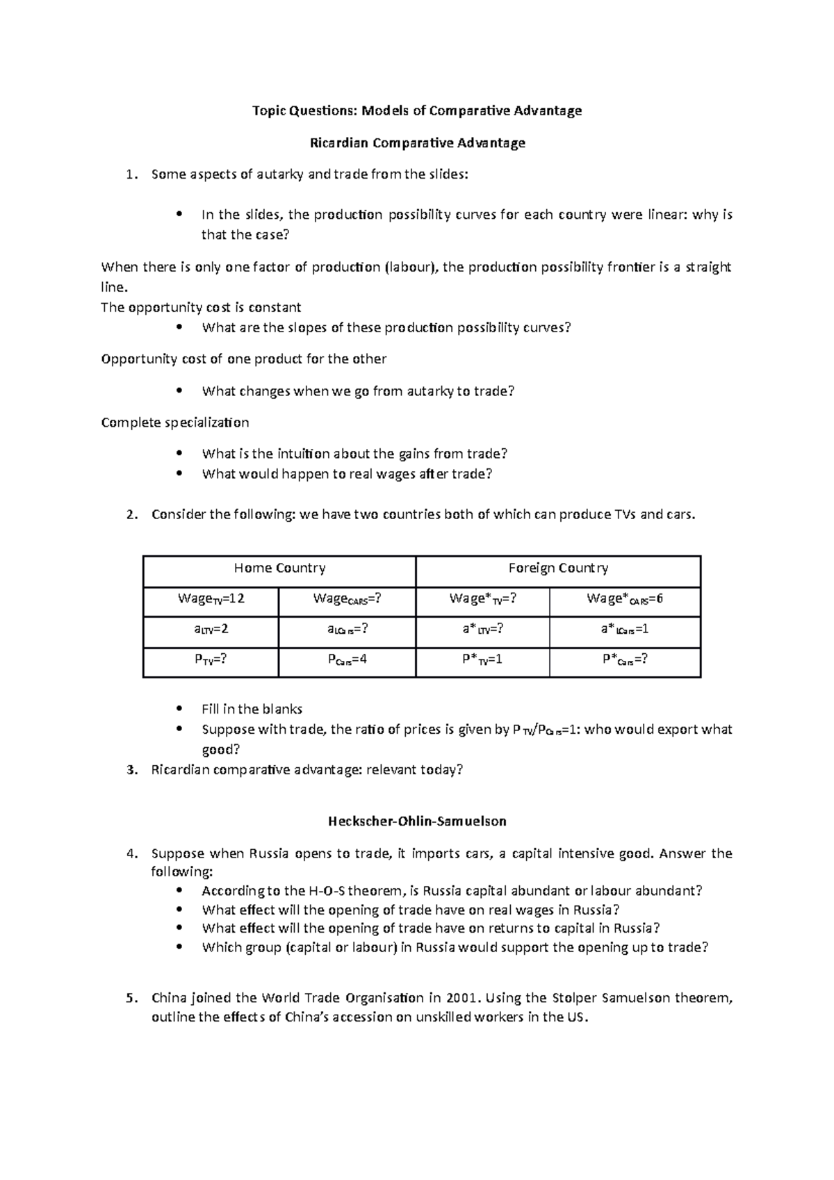 Topic Questions Comparative Advantage 2022 - Topic Questions: Models of ...