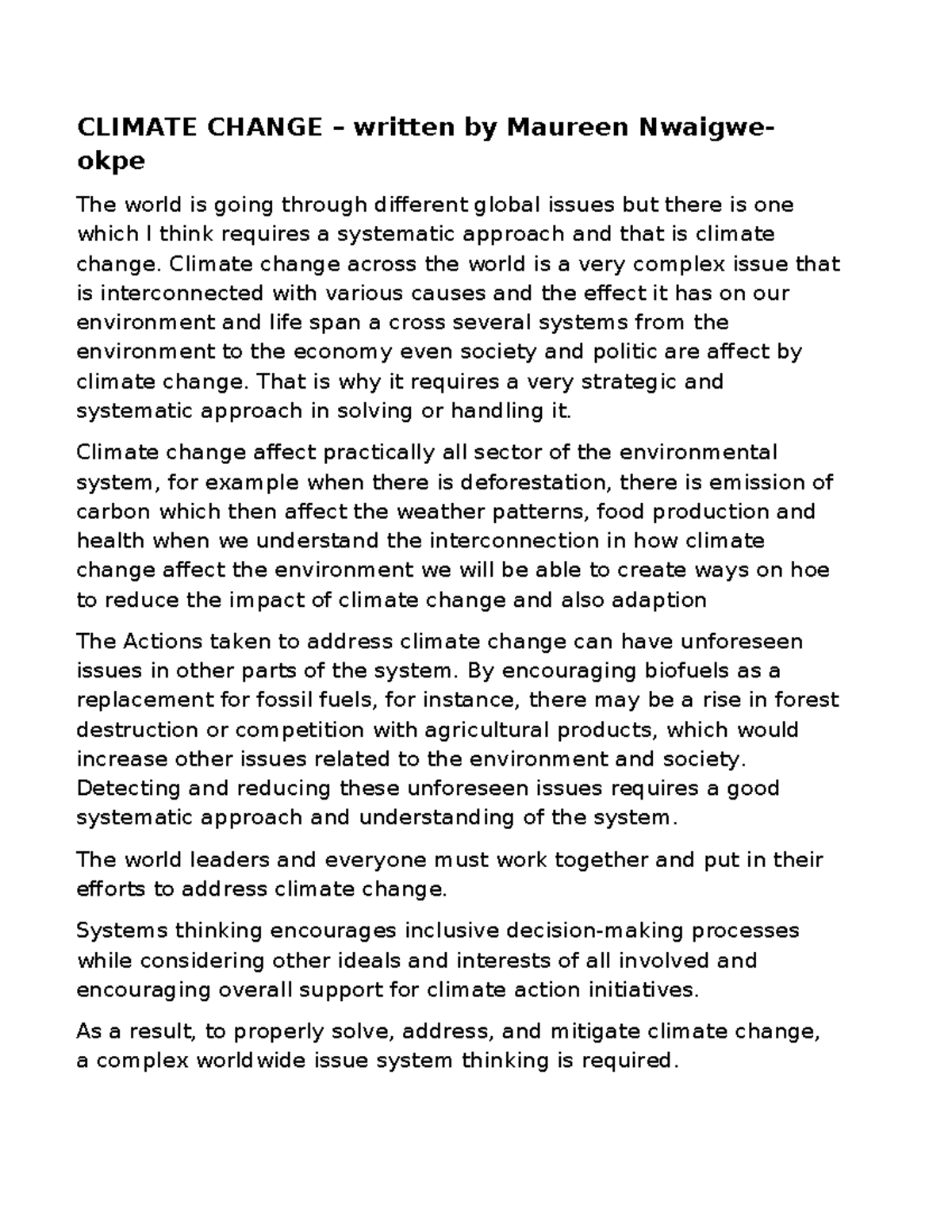 Climate Change - essay writing - CLIMATE CHANGE – written by Maureen ...