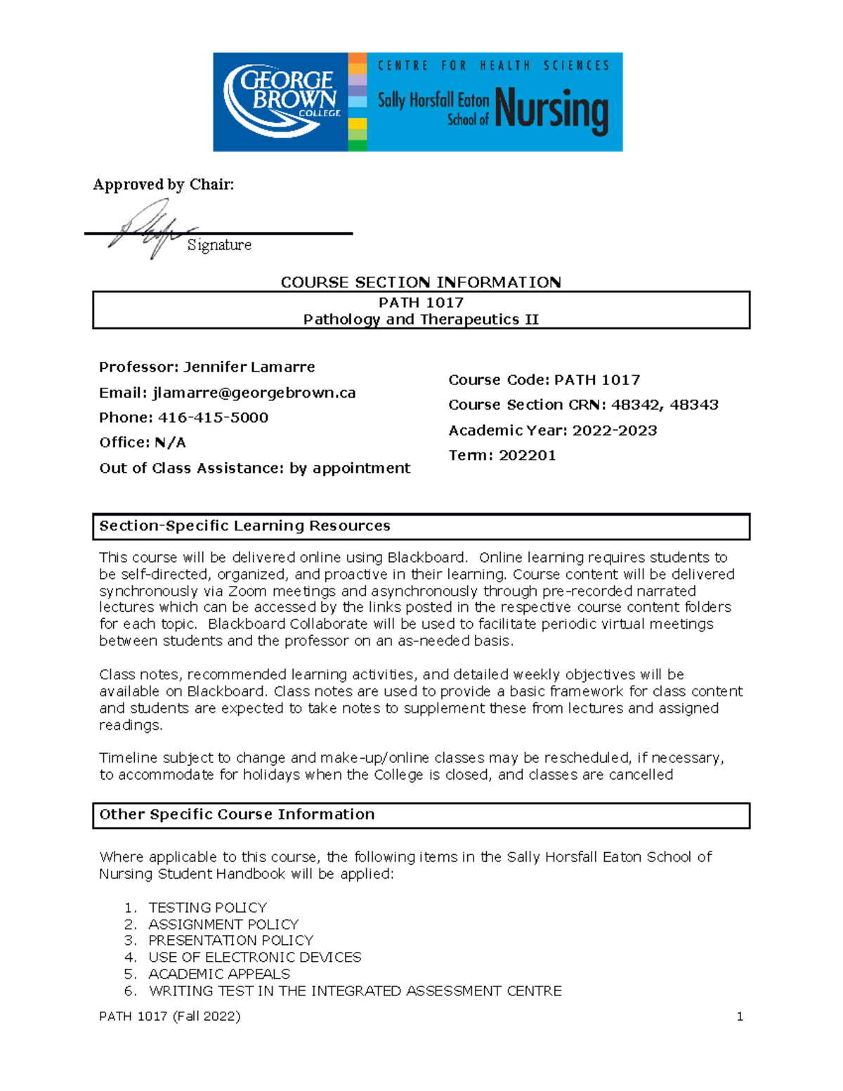 Course outline - CSI - Approved by Chair: Signature COURSE SECTION ...